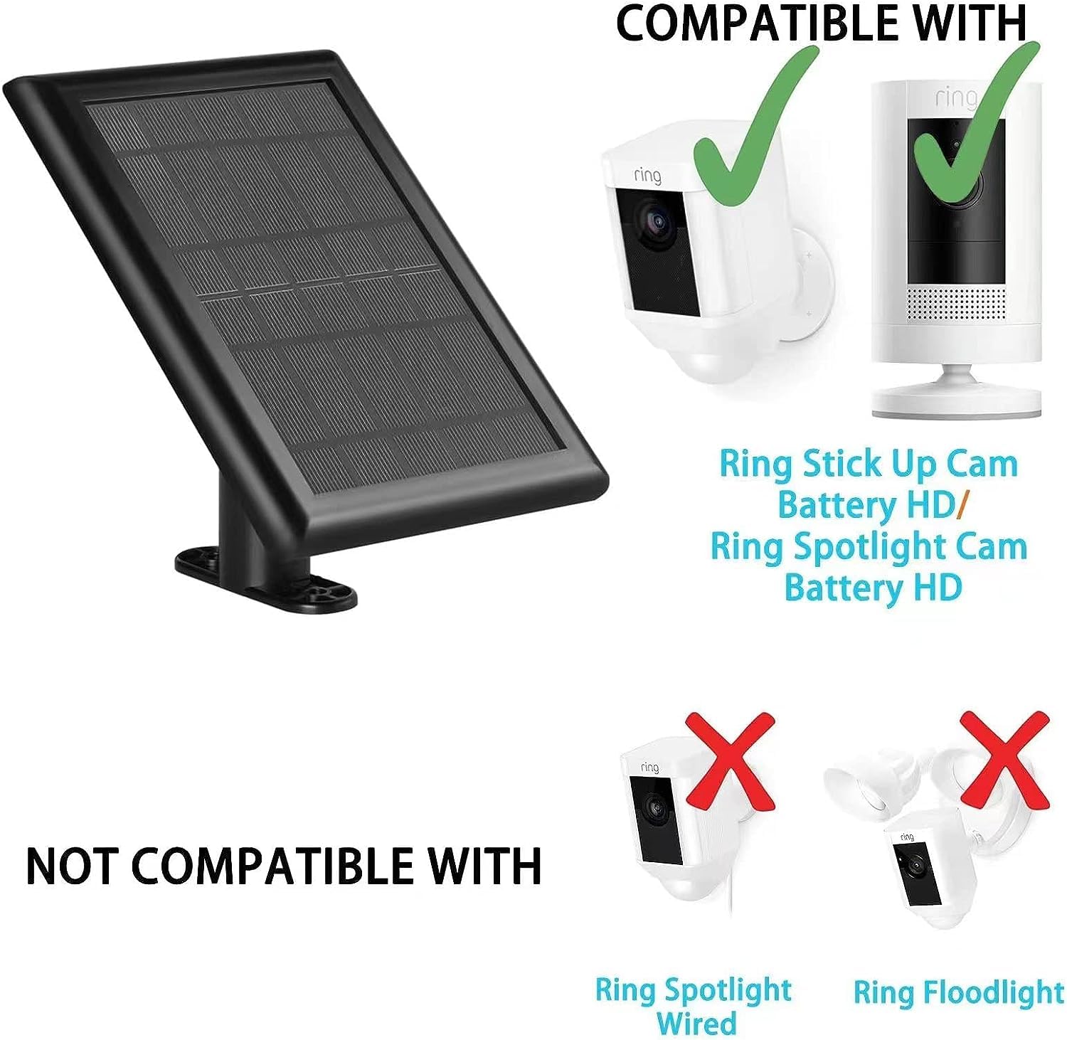 Ring Camera Solar Panel Charger,5W Solar Panels for Ring Stick Up Cam/Ring Spotlight Cam Battery/Spotlight Cam Plus/Spotlight Cam Pro/Outdoor Wireless Security Camera (1, Black)