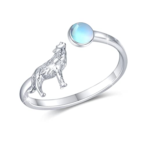Wolf Ring S925 Sterling Silver Wolf Adjustable Ring Thumb Ring Moonstone Ring Howling Wolf Open Ring Animal Ring Howling Wolf Jewelry for Women Teen Girls 8#