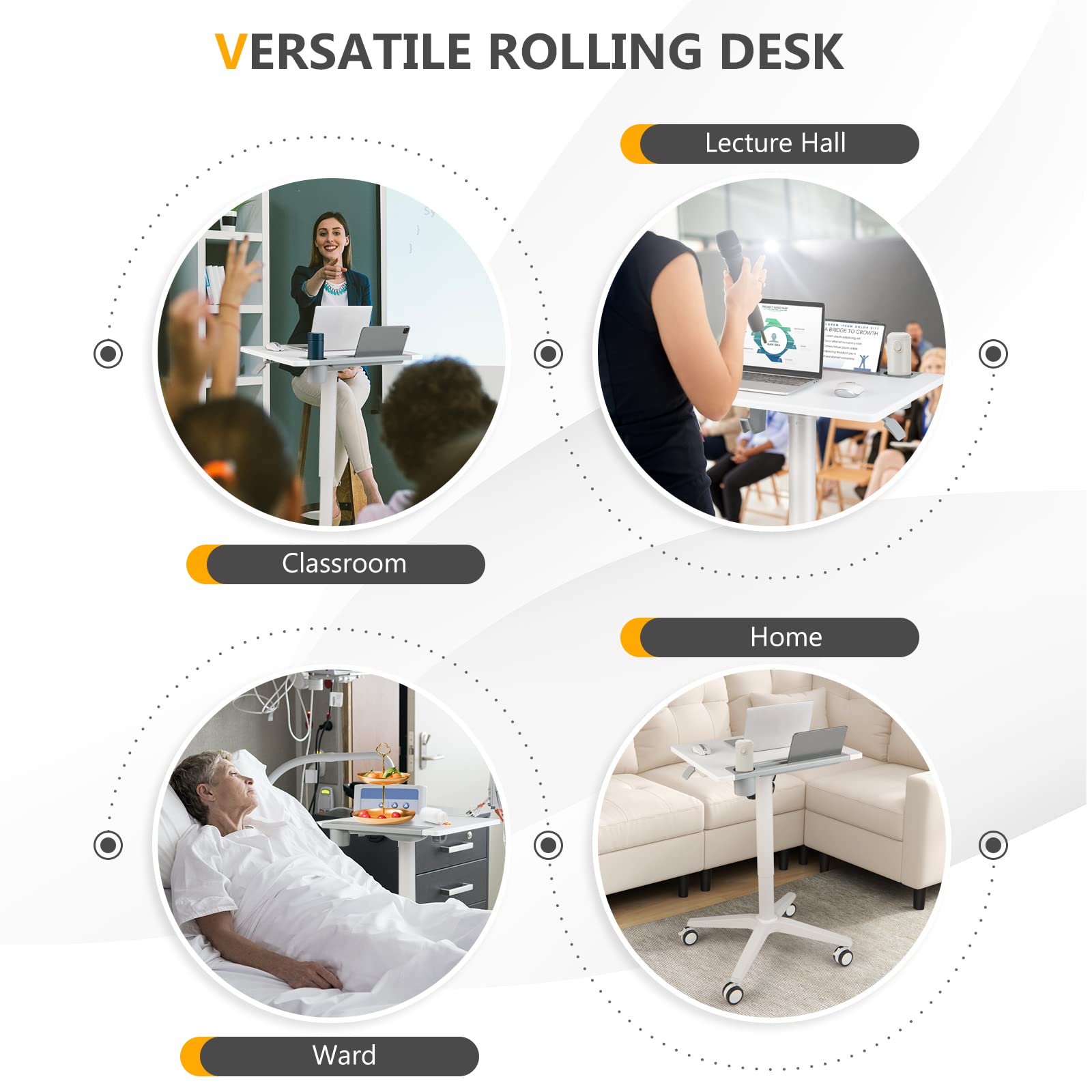 Tangkula Mobile Standing Laptop Desk, 30β-46β Height Adjustable Ergonomic Rolling Lectern Podium, Sit Stand Desk with Tablet Holder, Cup Holder & Hanging Hook for Home Office, Classroom
