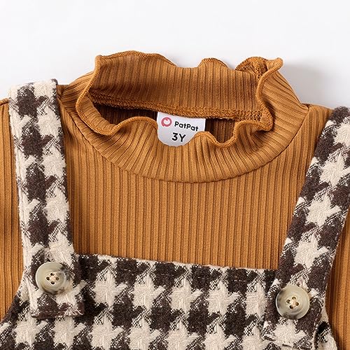 PATPAT Toddler Girl Ruffle Mock Neck Long Sleeve 2 Piece Houndstooth Spaghetti Strap Winter Fall Dress Brown 3 Years