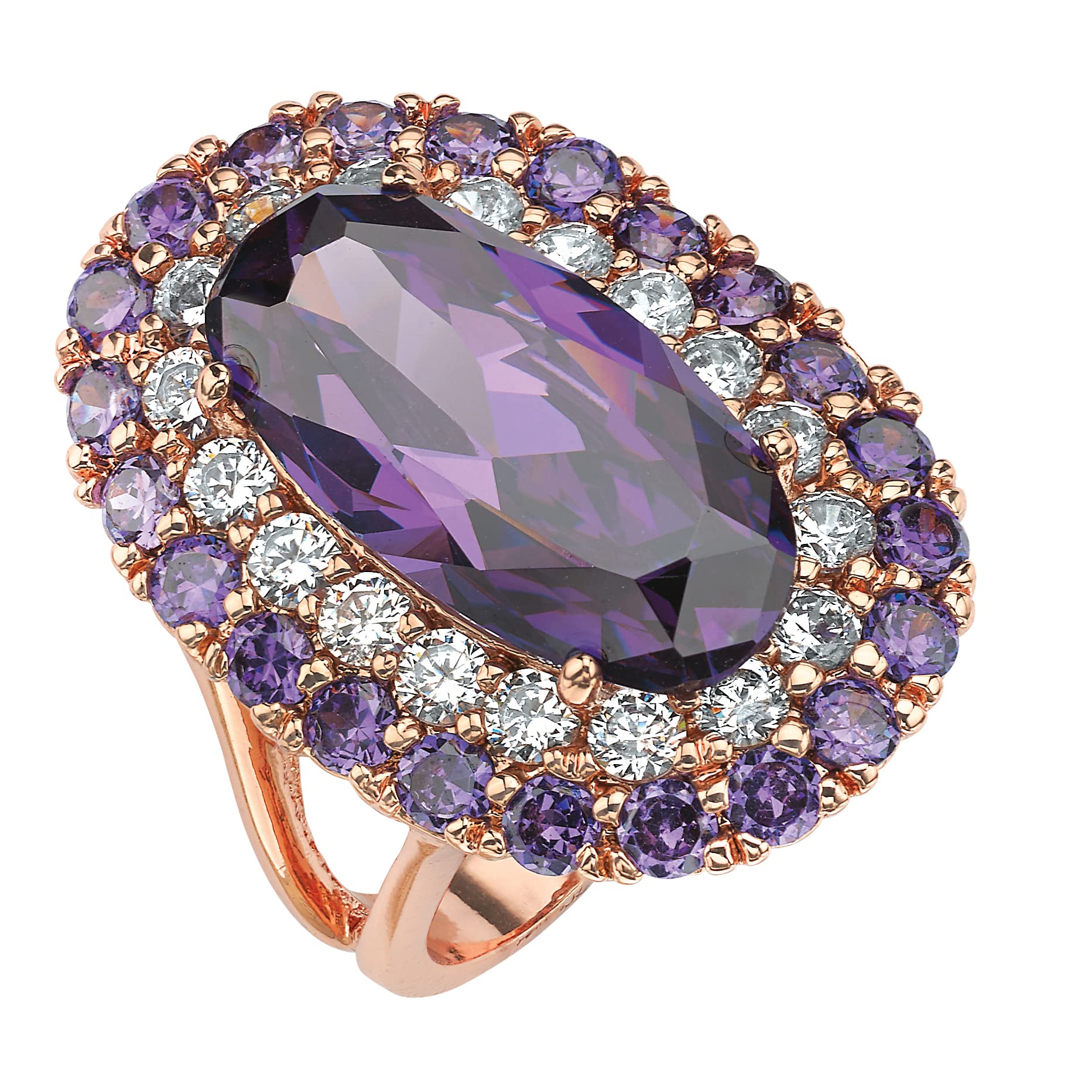 PalmBeach Jewelry Rose Gold-Plated Oval Cut Purple Cubic Zirconia Double Halo Ring Sizes 6-10 Size 7
