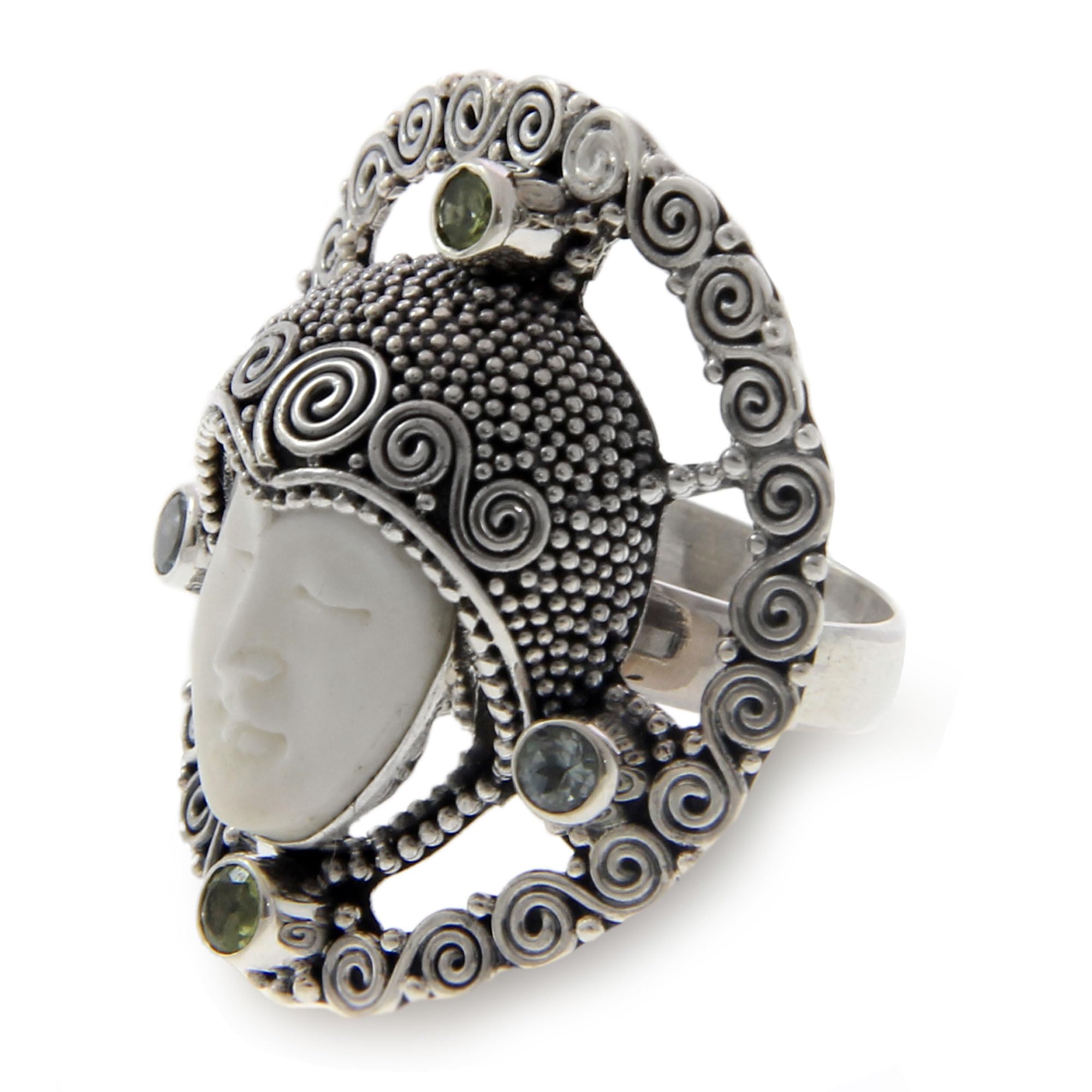 NOVICA Artisan Handmade Cow Bone Peridot Cocktail Ring Sterling Silver Blue Topaz Green Indonesia Birthstone Moon [crownbezel 1.2 in L x 1.1 in W x 0.4 in H Band Width 3 mm W] ' Regal Queen'