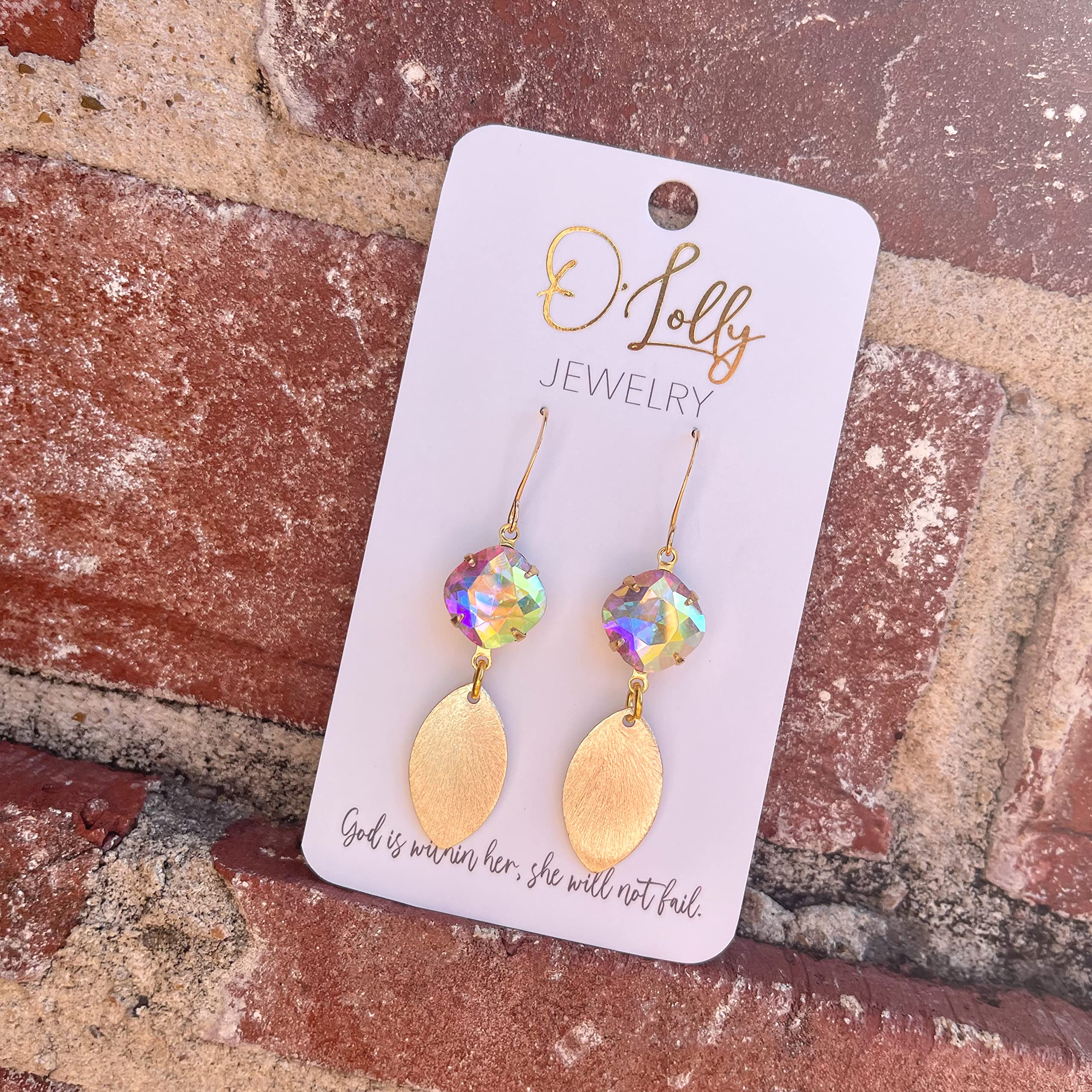 O'Lolly Jewelry"Chloe" Earrings with 12mm AB Stone and Gold Plated Brushed Leaf Dangles