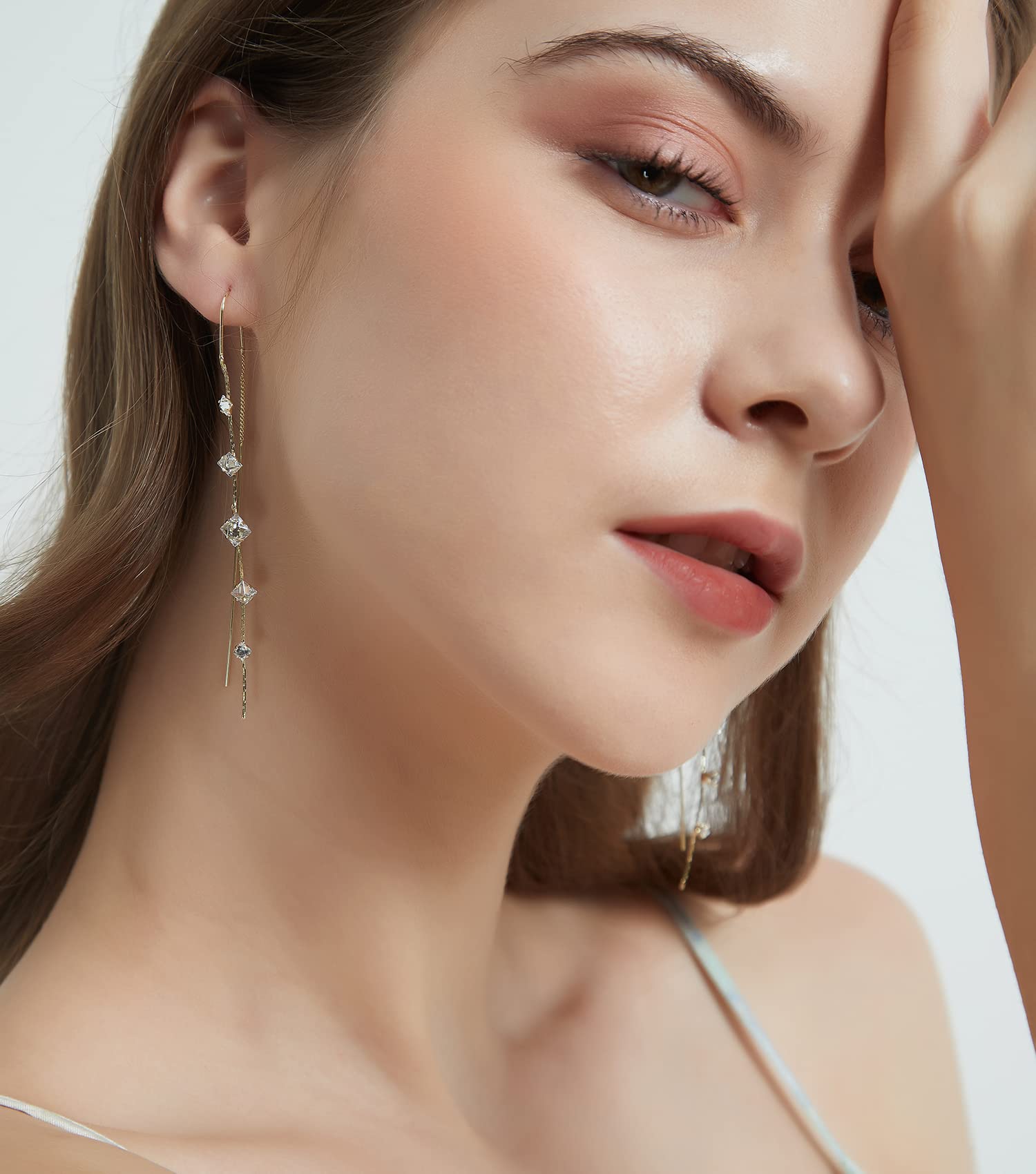 Threader Dangle Earring Long Chain Twist Curved Tassel Earring Star Butterfly Cubic Zirconia Gold Silver Drop Earring for Women Girl (Threader Earring-A)