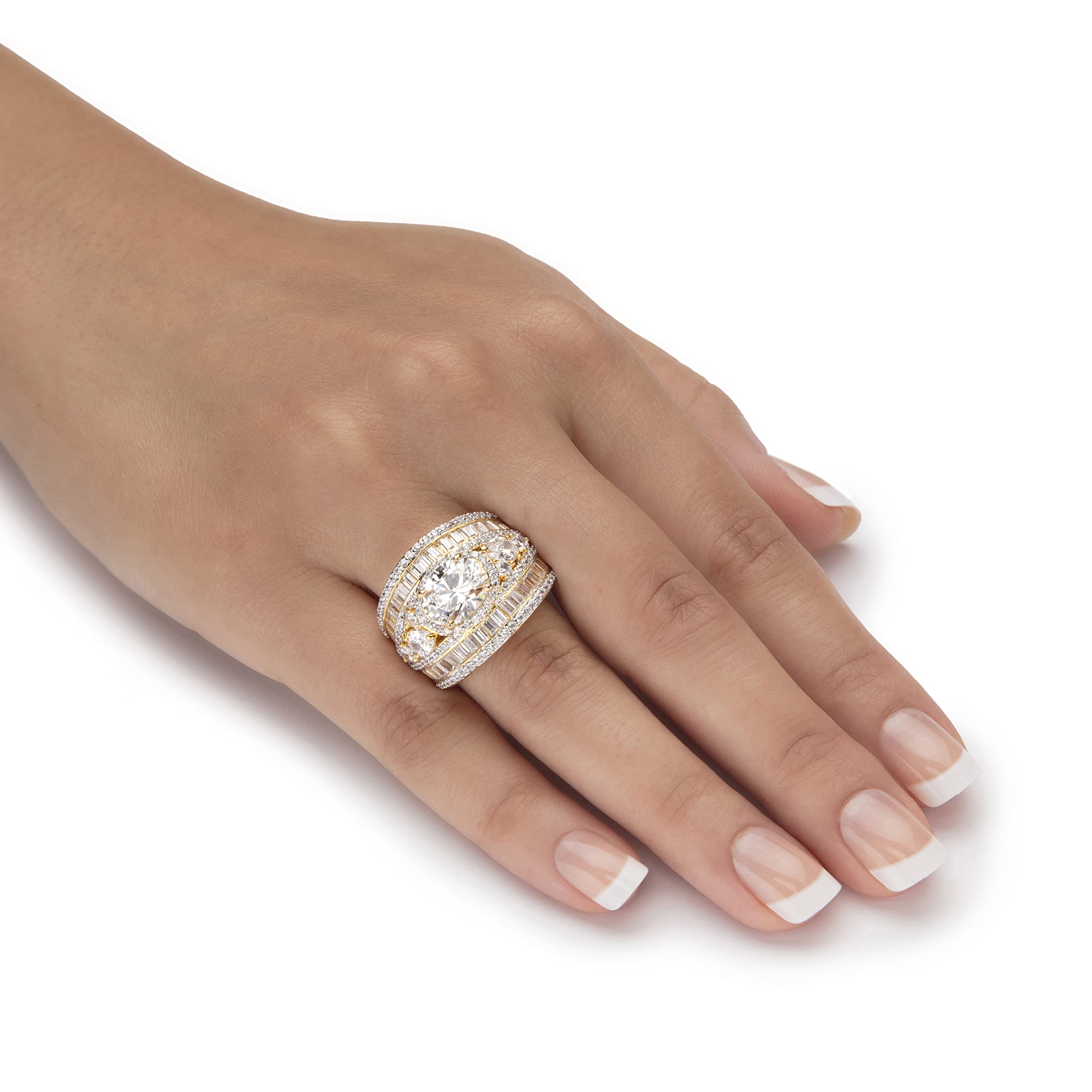 PalmBeach Jewelry Gold-Plated or Platinum-Plated Oval Cut Cubic Zirconia Halo Engagement Ring with Pear Cut and Baguette Cut Accents Size 6