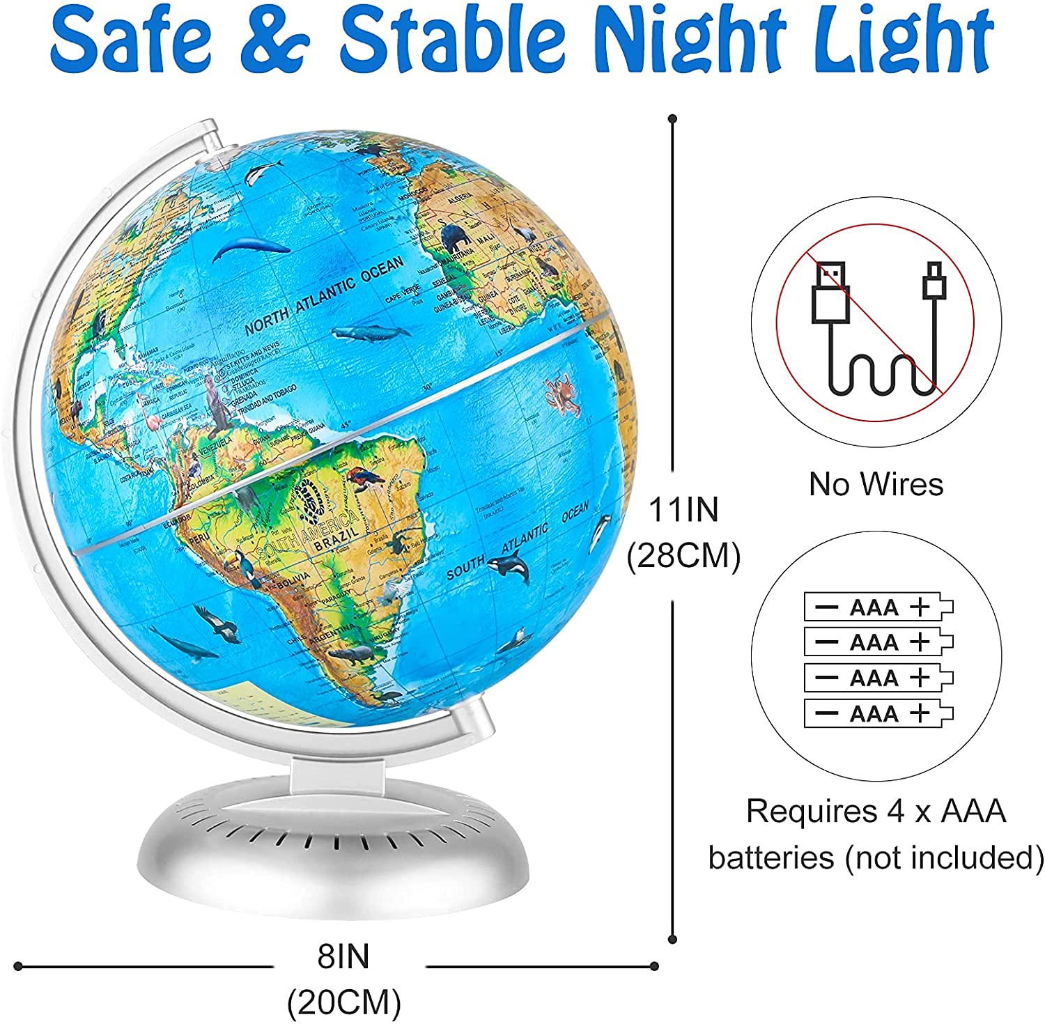Wizdar Illuminated Globe with Stand World Globe for Kids Learning with LED Night Light 3 in 1 Interactive Globes with Animal Pattern Light up Earth Globe Decoration for Home, Desk, Classroom-8 Inch