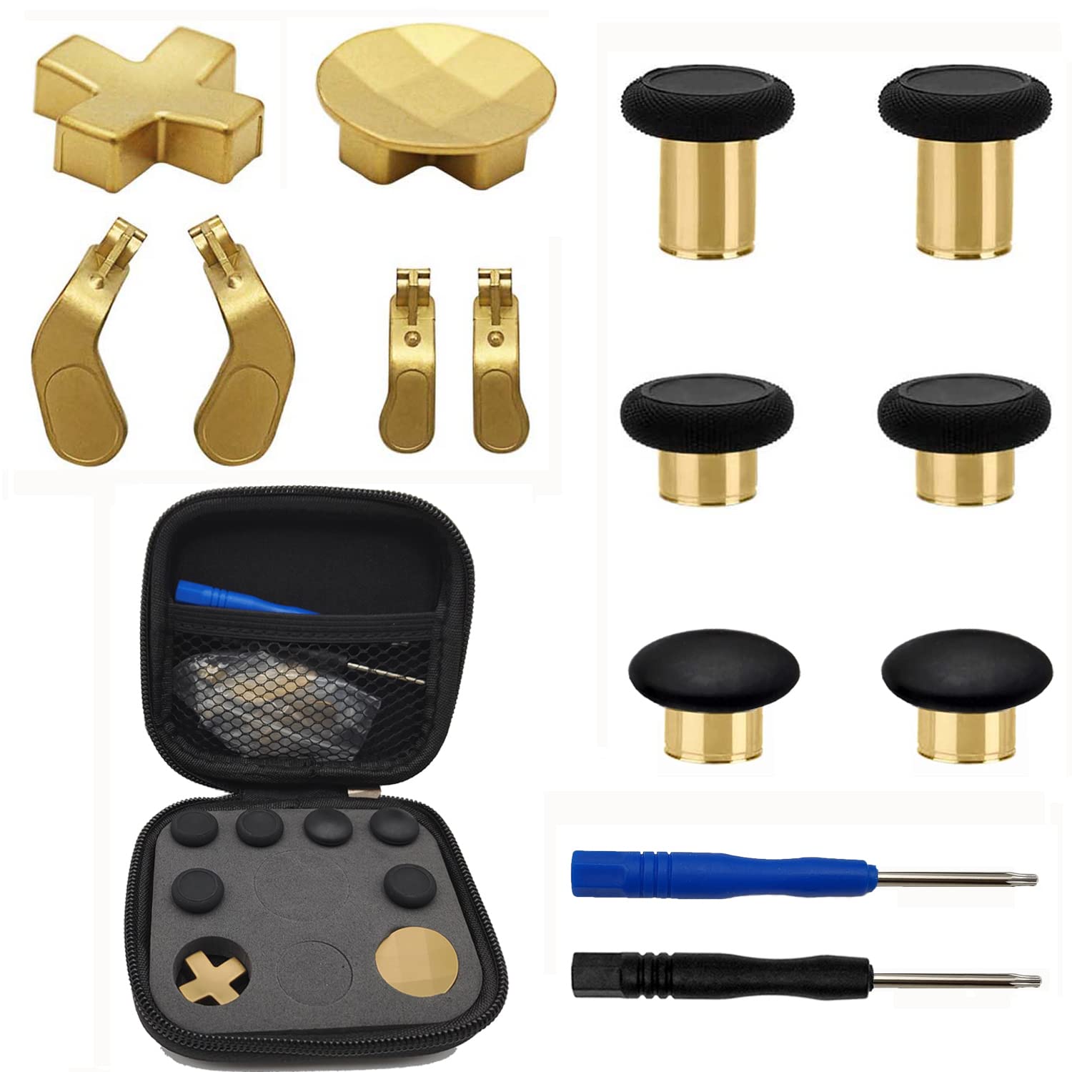 Replacement Parts for Xbox One Elite Controller Series 2, Accessory Kits 12 Pieces Metal Thumbsticks Includes 6 Magnetic Swap Joysticks, Metal 4 Paddles & 2 Dpads with T8 Tool - Metal Gold