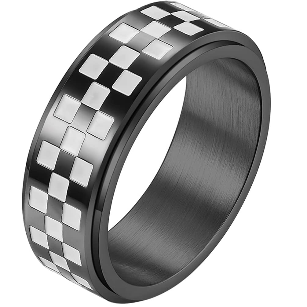 VUZALRANO 8mm Unisex Comfort Fit Stainless Steel Wedding Band Black White Blocks Pattern Ring Checkerboard Checkered Flag Racing Spinner Ring Black Size8