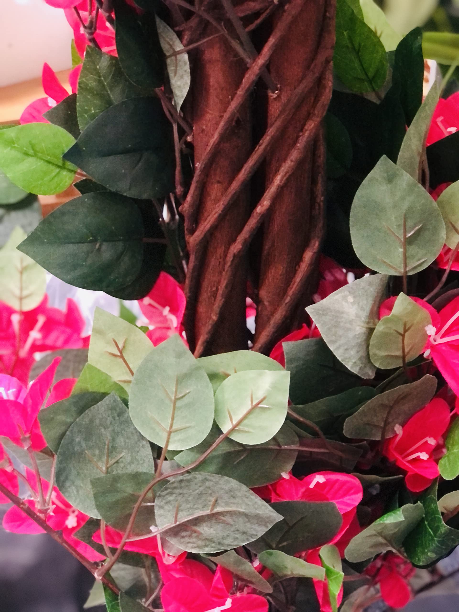 Pair AMERIQUE Gorgeous 5 Feet Blooming Artificial Bougainvillea Tree with Flowers & Real Wood Trunks, with Nursery Pots, Feel Real Technology Red and Green