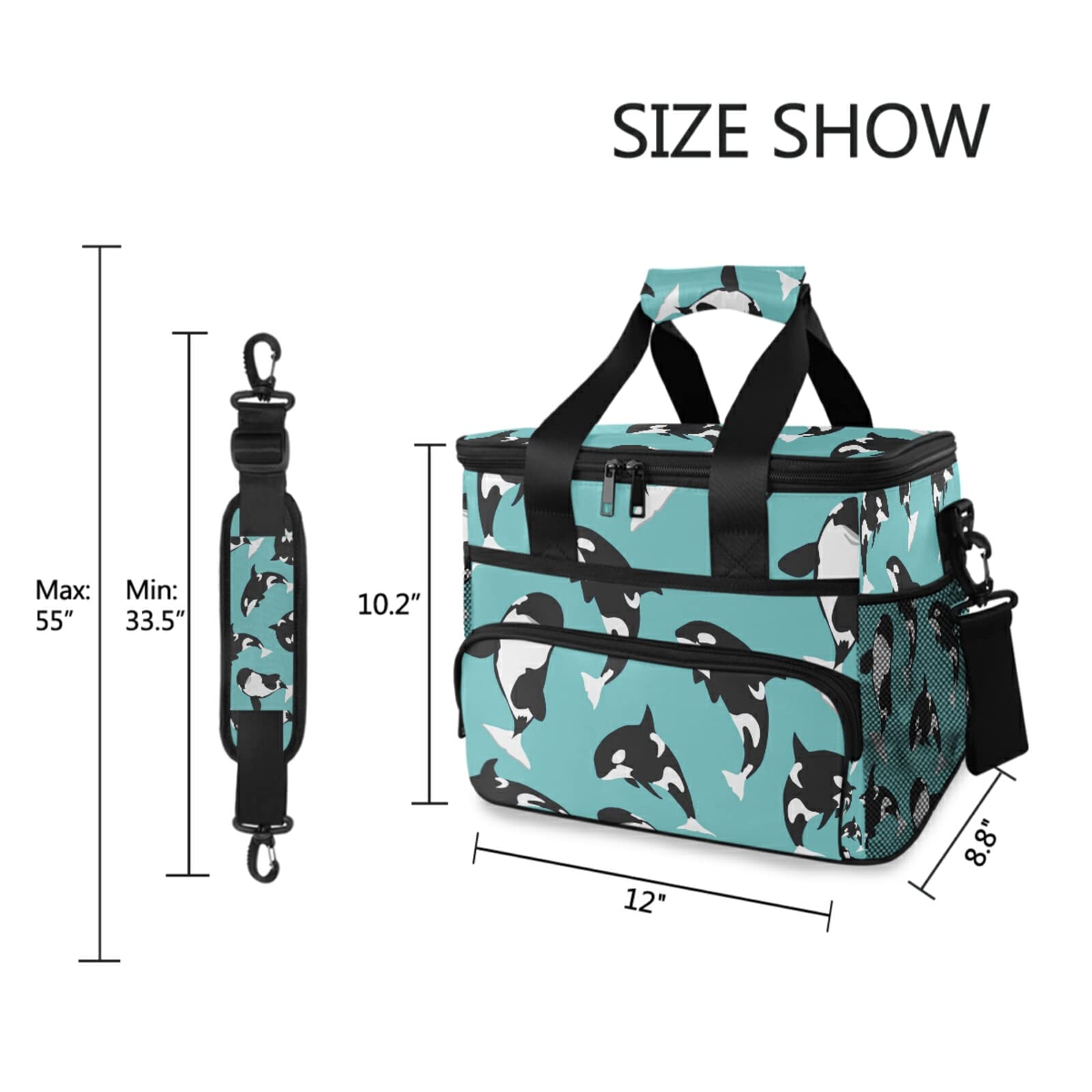 WELLDAY Lunch Bag Killer Whale Pattern Insulated Cooler Reusable Lunch Box with Shoulder Strap for Picnic Hiking