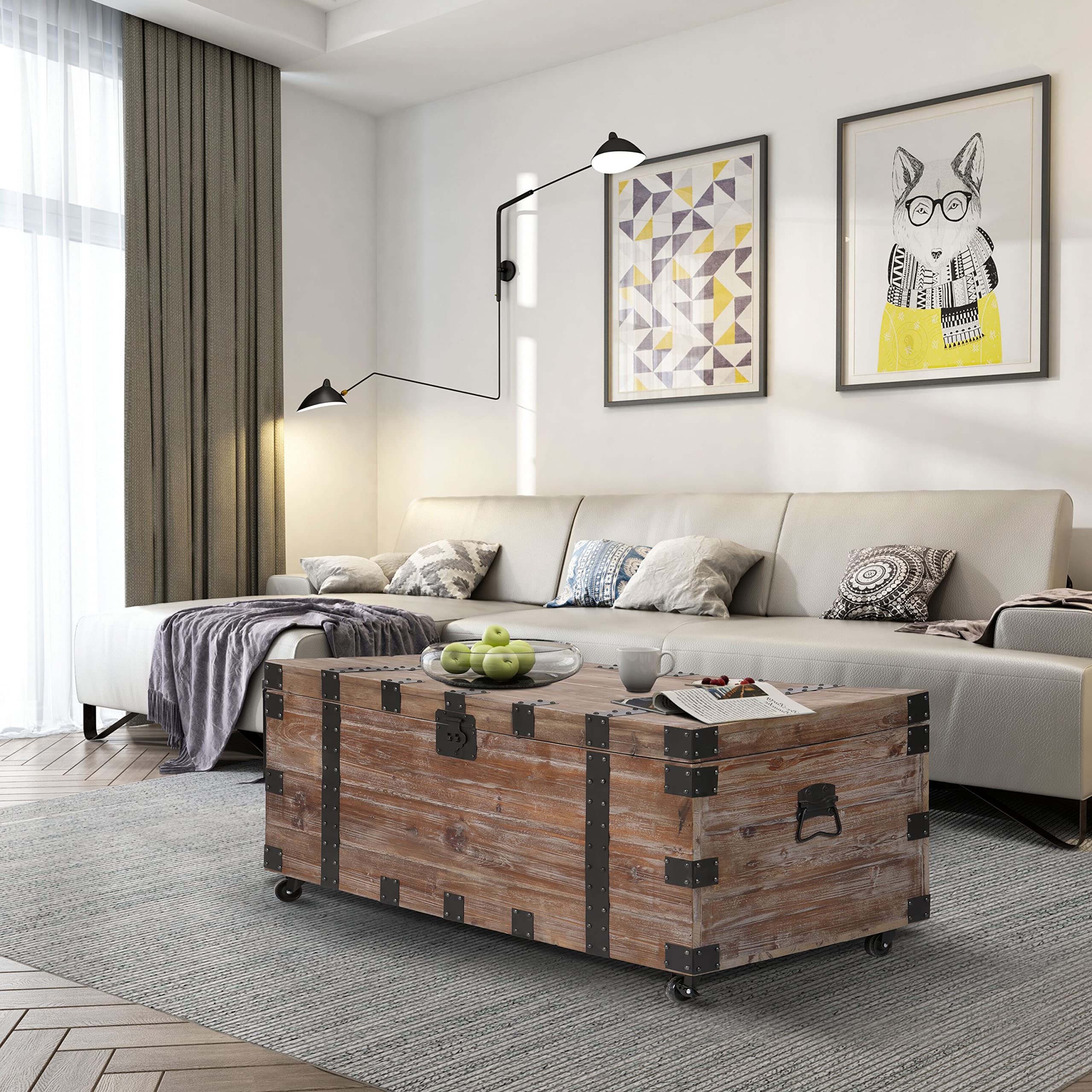 NewCosmos Antique Gray Solid Wood Table Set 3-Piece Furniture Ensemble with Storage Trunk & Side Tables - Eco-Friendly, Versatile Home Decor