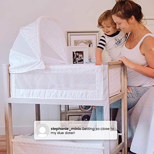 Simmons Kids Farmhouse 2-in-1 Wood Bedside Bassinet Sleeper and Changer - Portable Crib and Changing Table with High-End Wood Frame, Royal Charms