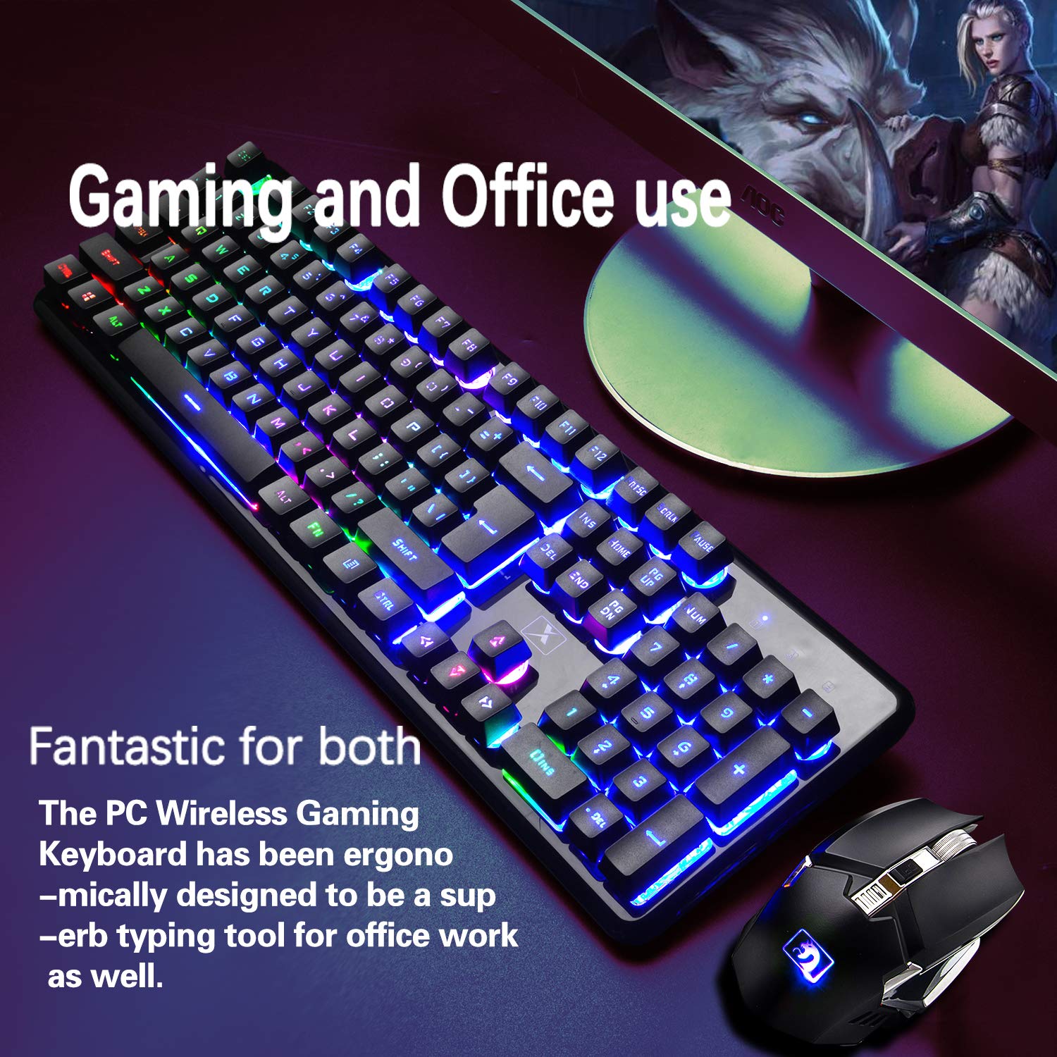 Rechargeable Keyboard and Mouse,Suspended Keycap Mechanical Feel Backlit Gaming Keyboard Mice Combo,Wireless 2.4G Drive Free,Adjustable Breathing Lamp,Anti-ghosting,4800 mAh Battery for Laptop Pc Mac