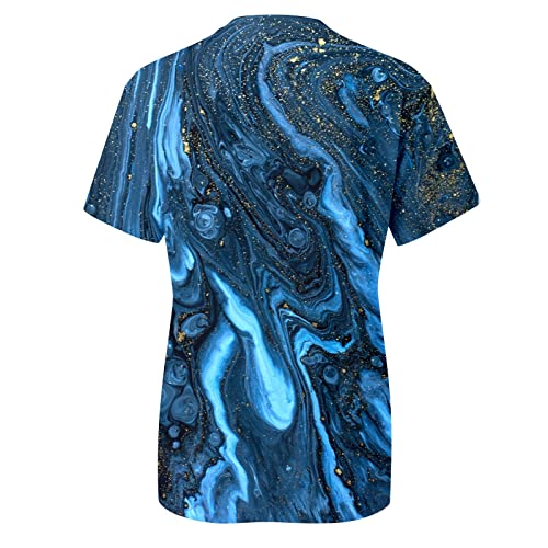 Womens Spring Summer Flower Printed Short Sleeve O Neck T Shirt Top Dark Blue