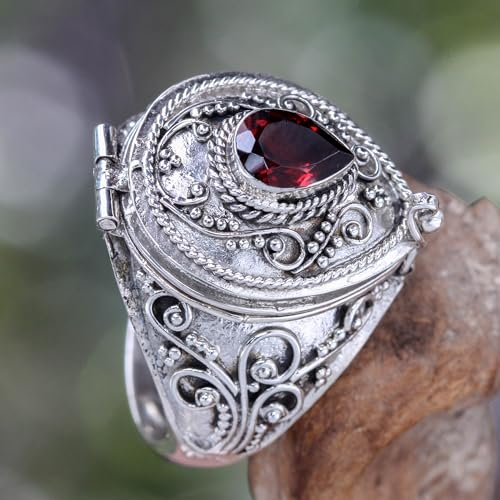 NOVICA Artisan Handcrafted .925 Sterling Silver Garnet Solitaire Locket Ring Red Single Stone Indonesia Birthstone 'Secret Love'