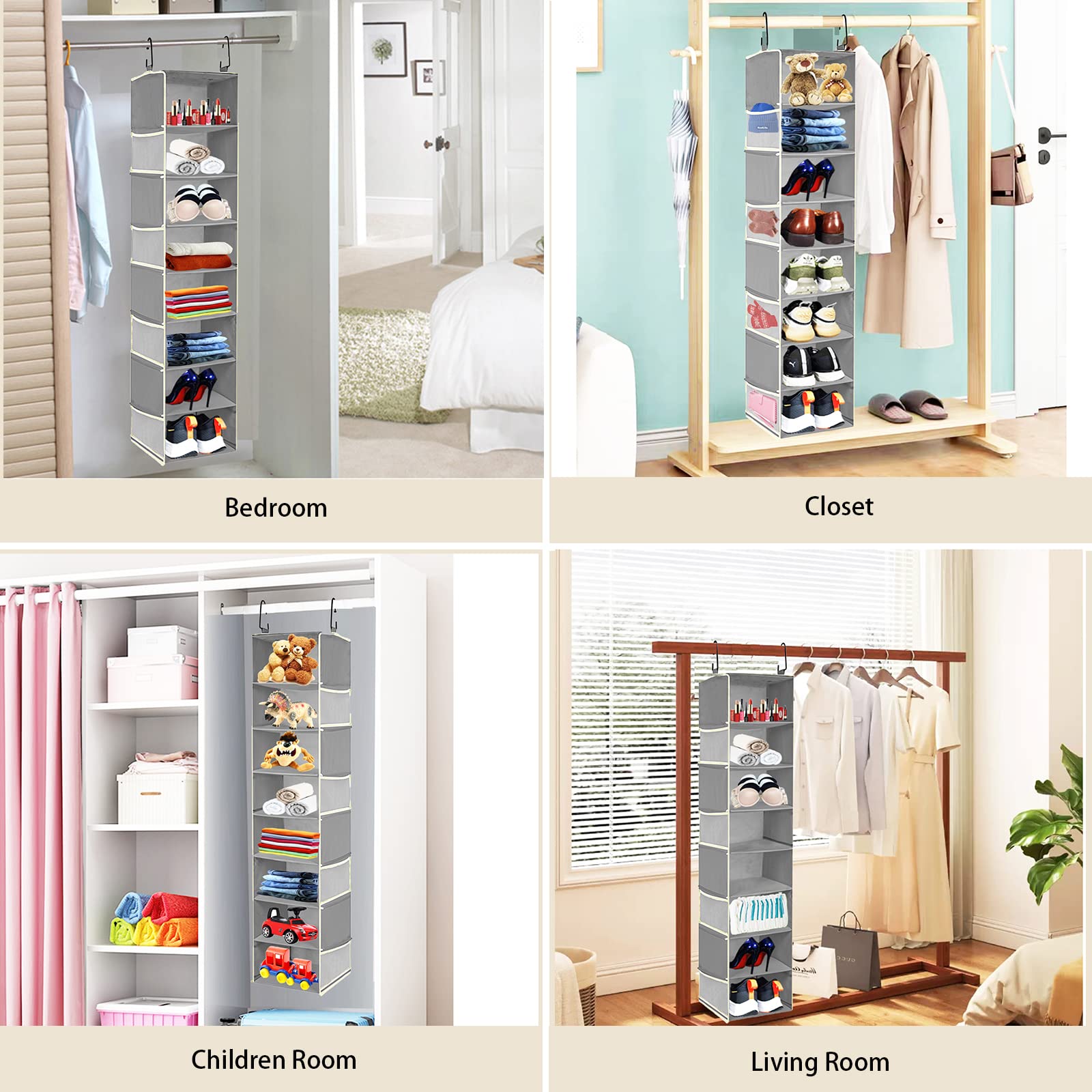 roomtalk Hanging Shoe Organizer 8-Shelves Grey + Under Bed Storage Container Bins 2-Pack Grey
