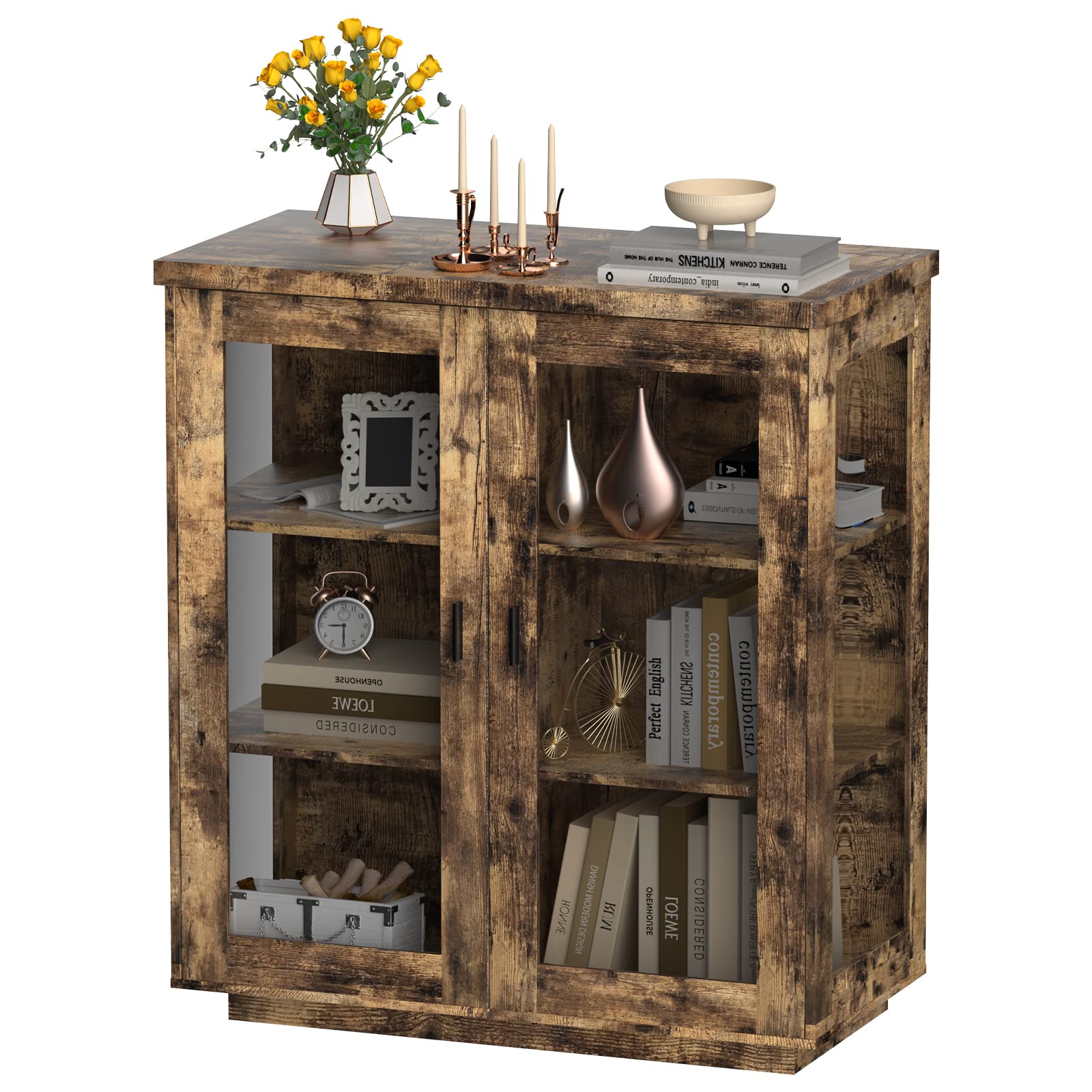 PAKASEPT 37'' Storage Cabinet,Cube Bookshelf Bookcase Display Buffet Accent Cabinet with Shelves and Glass Doors Organizer 3 Tiers Curio Cabinet for Kitchen,Living Room,Brown