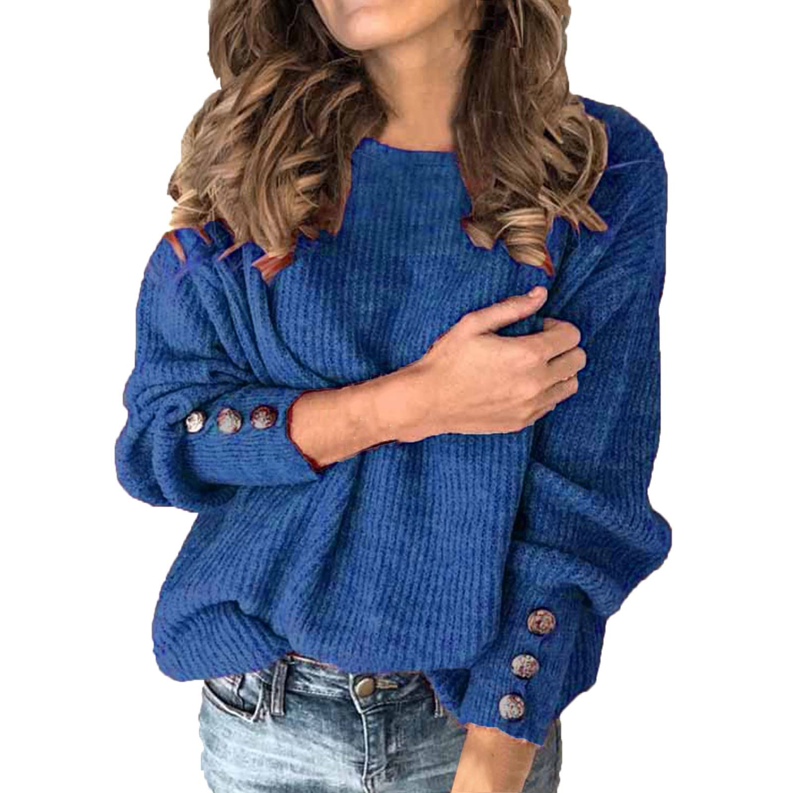 Womens Sweatshirt Crew Neck Long Sleeve Solid Color Pullover Blouse Striped Knitted Lantern Sleeve Button Warm Comfortable Fashion Casual Slim Sweater
