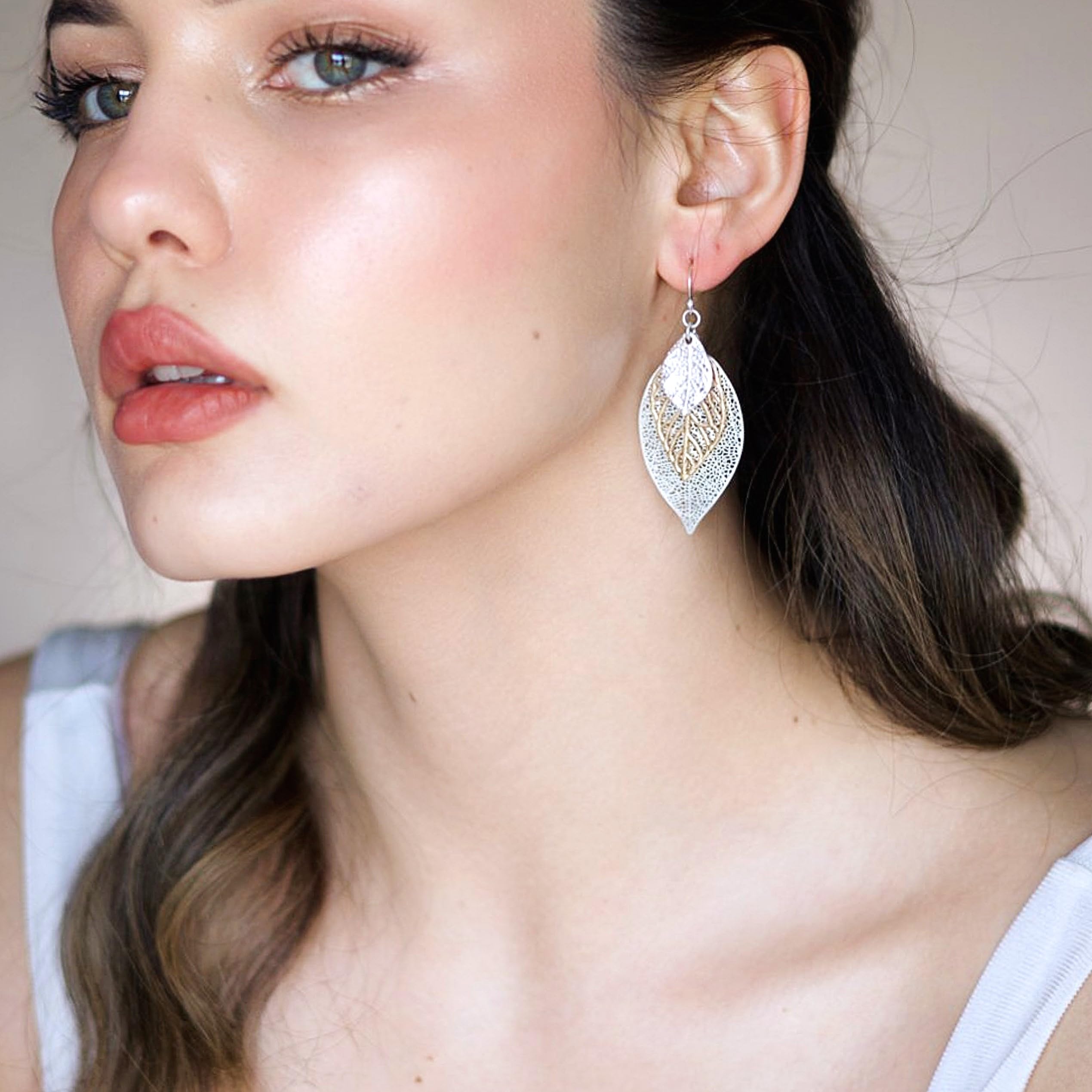 Pomina Choco Gold Fashion Fall Leaf Boho Earrings Gold Silver Two Tone Filigree Leaf Dangle Drop Earrings for Women (ChocoGold_Earrings)