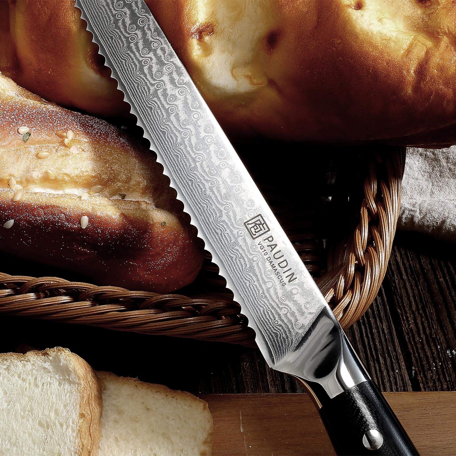 PAUDIN Bread Knife Serrated Damascus Bread Knife 8 inch,Super Sharp Edge and 67-Layer Forged Blade, Professional Bread Knife with Full Tang Ergonomic Micarta Handle, VG-10 Cake Knife for Toast
