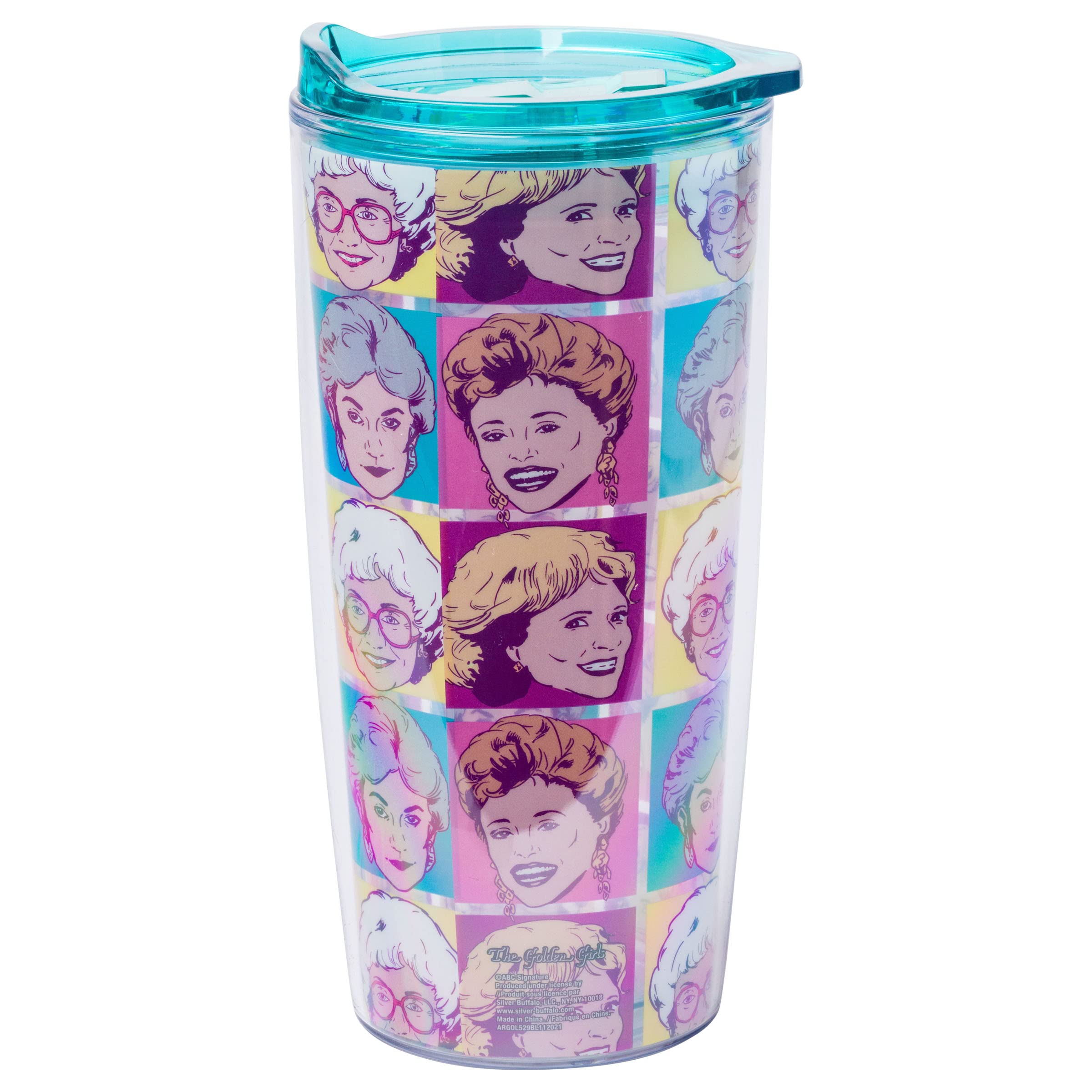 Silver Buffalo Golden Girls Character Grid Double Wall Travel Tumbler w/Slide Close Lid, 20 Ounces
