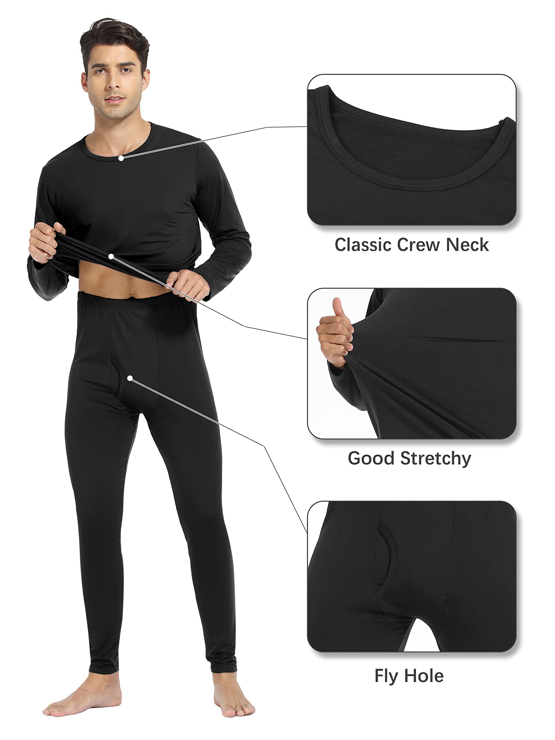 URATOT 2 Sets Men's Thermal Underwear Set Fleece Lined Thermal Underwear Soft Long Johns Top Bottom Set for Men Cold Winter Black