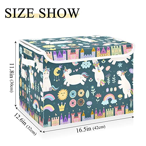 RunningBear Unicorn and Fairytale Large Storage Bins with Lid Collapsible Storage Bin Box Shelves Cube Storage Foldable Fabric Storage Boxes for Clothes Towels Magazine