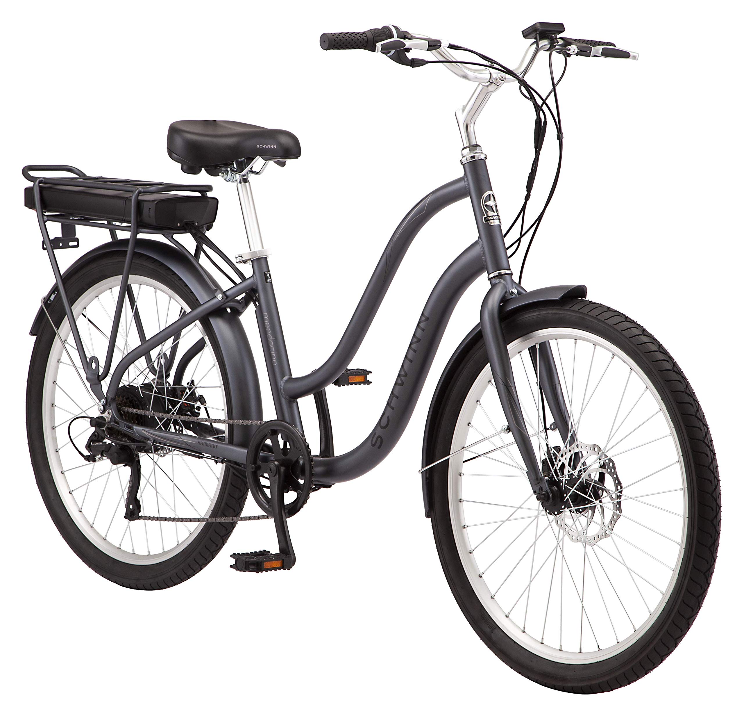 Schwinn Mendocino Adult Hybrid Electric Cruiser Bike, Lightweight Aluminum EBike Frame, 26-Inch Wheels, 6 Speed Drivetrain, Pedal Assist, Charcoal Grey