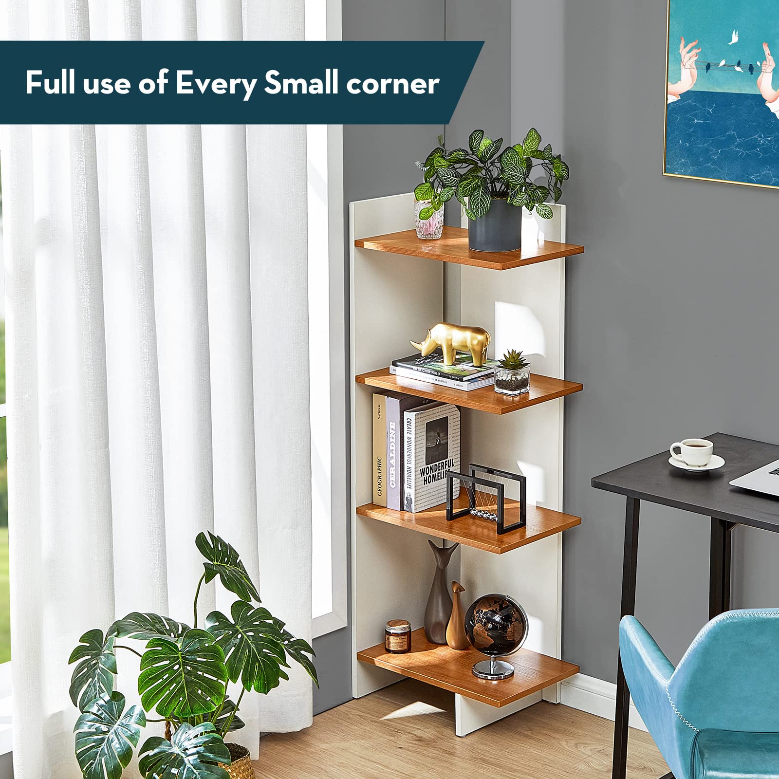 SAYGOER Modern Bookshelf Affordable Wood Bookcase 4 Tiers Tall Storage Shelves Floating Display Shelf Plant Stand for Living Room Home Office Bedroom Organizer,White Walnut