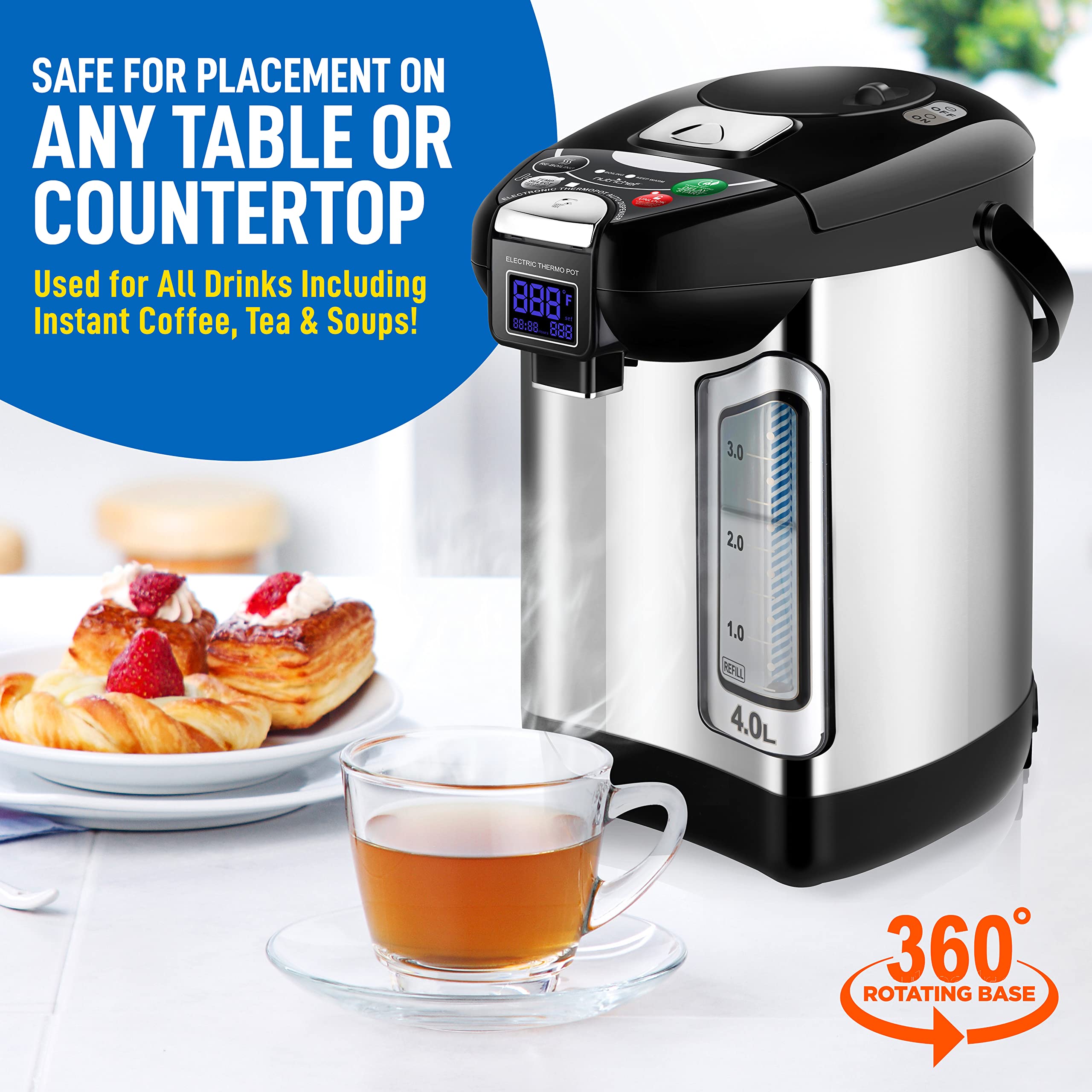 NutriChef Digital Water Boiler and Warmer - 3L/3.17 Qt Stainless Electric Hot Water Dispenser w/ LCD Display, Rotating Base, Keep Warm, Auto Shut Off, Safety Lock, Instant Heating for Coffee & Tea