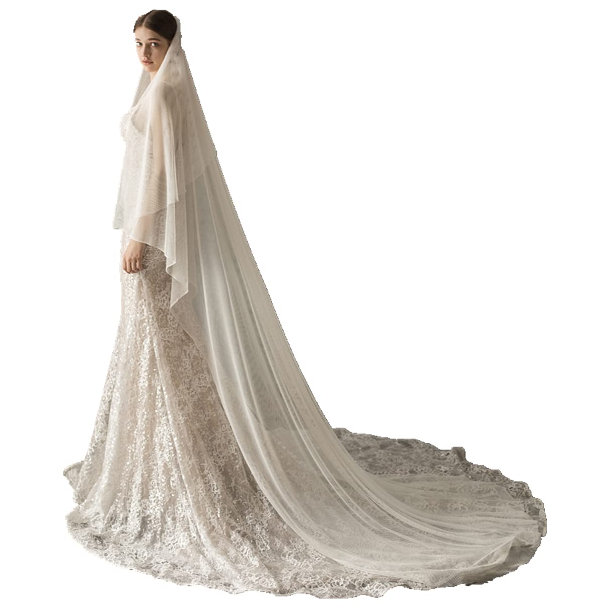 Wedding Accessory Luxurious Chapel Wedding Bridal Veil Two-Layer Cut Edge Spandex Long Floor Train Marriage Party Bride to Be Veil (Color : Off White)