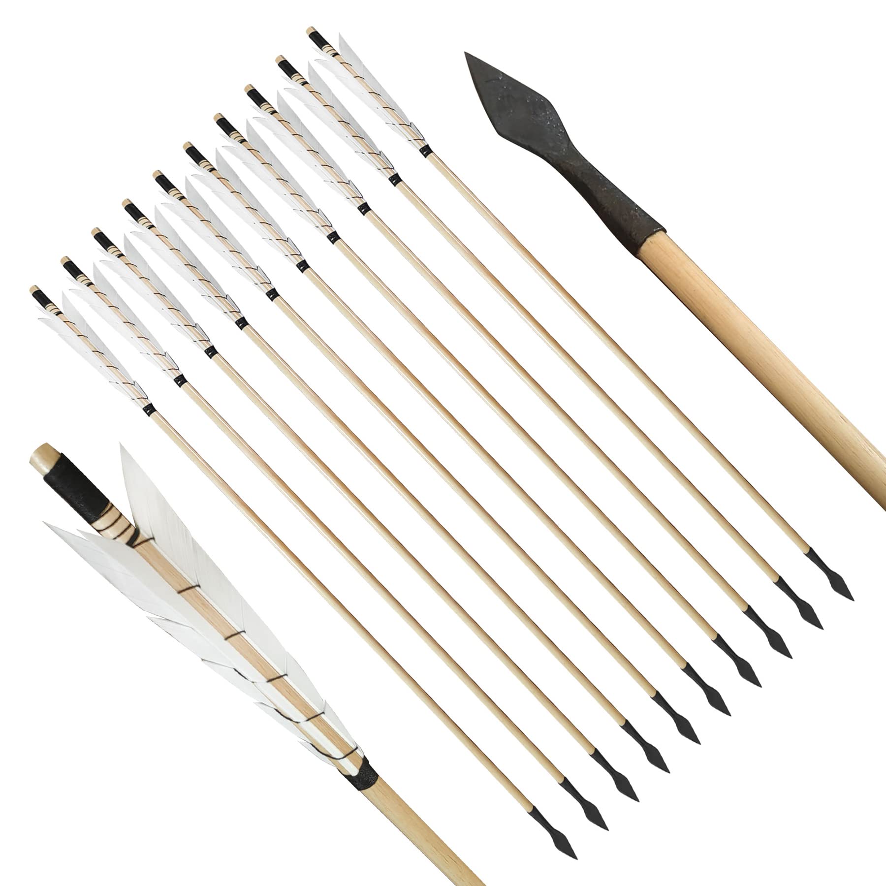 PG1ARCHERY Archery Hunting Arrows, 12 Pack Traditional Target Wooden Arrow 5" Turkey Feathers Fletching with Vintage Broadheads Tips White