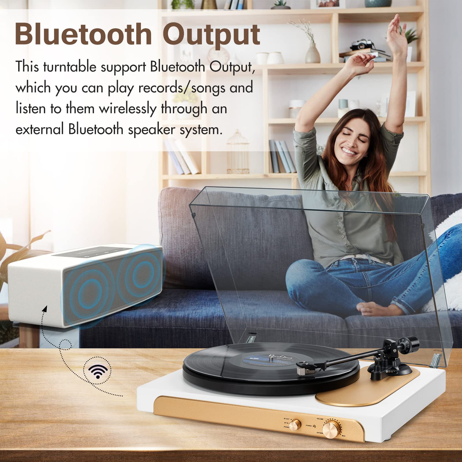 Record Player Turntable with Wireless Input and Output Vinyl Player Support 33&45 RPM Phono Line Output USB Recording with Adjustable Counterweight Magnetic Cartridge White