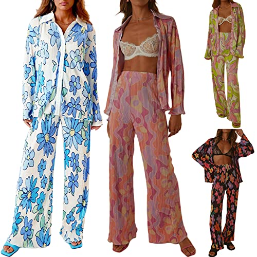 Women 2 Piece Pleated Pants Set Boho Floral Print Long Sleeve Button Down Shirt Summer Cute Linen Pants Outfits (Blue, M)
