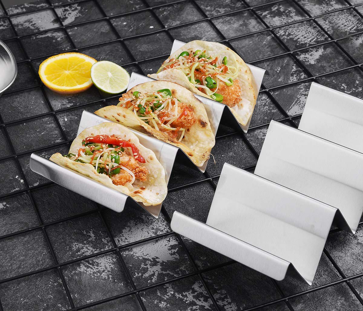 Taco Holders Stainless Steel Set of 2 for Taco Tuesday Taco Night - Sturdy, Easy to Clean & Restaurant Quality Taco Holder Stand - Taco Stands for 3 Tacos - Holds Large Small Hard Soft Shell - 2 Packs