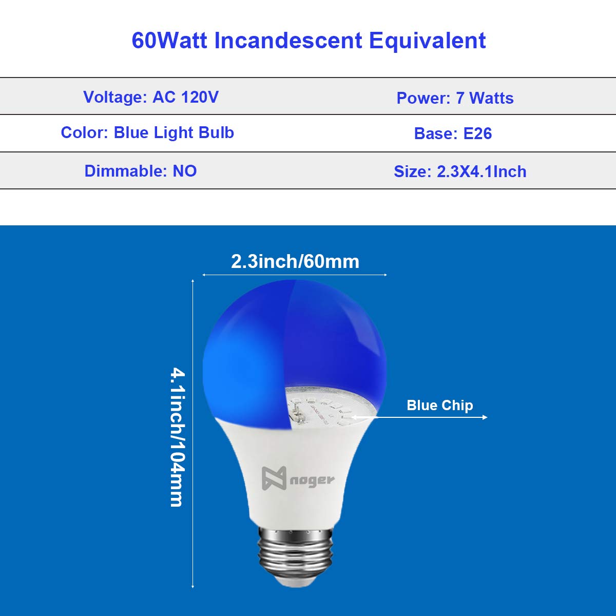 Noger A19 Blue Led Light Bulb with Black Light Effect, 7W (60W Equivalent), E26 Base, Non-dimmable (2 Pack)