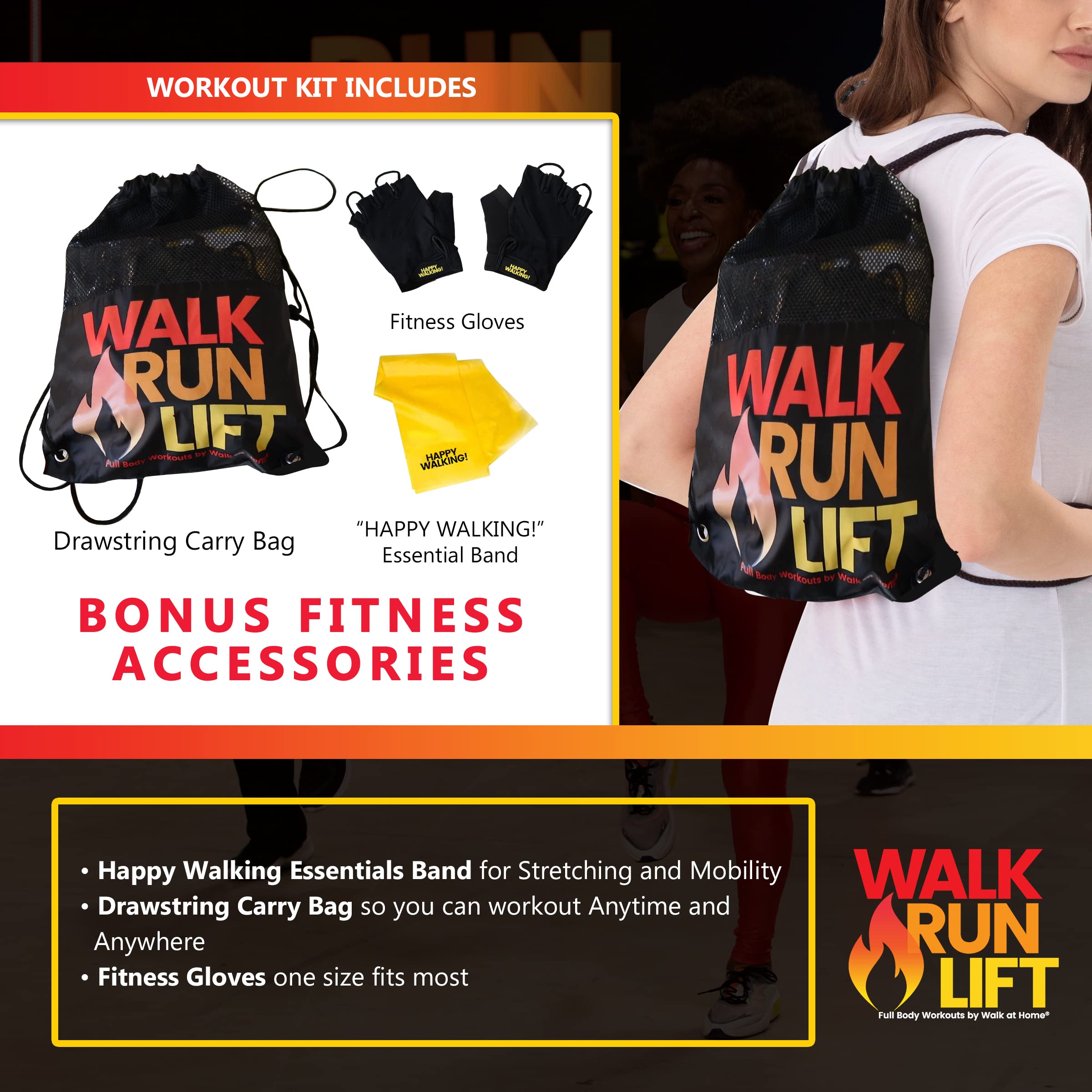 Walk at Home Walk Run Lift Band Bag Bundle with 7 Ring Resistance Bands, Happy Walking Firm Band, 1 DVD (3 Workouts) and Drawstring Bag for Home Workout Walking Exercise