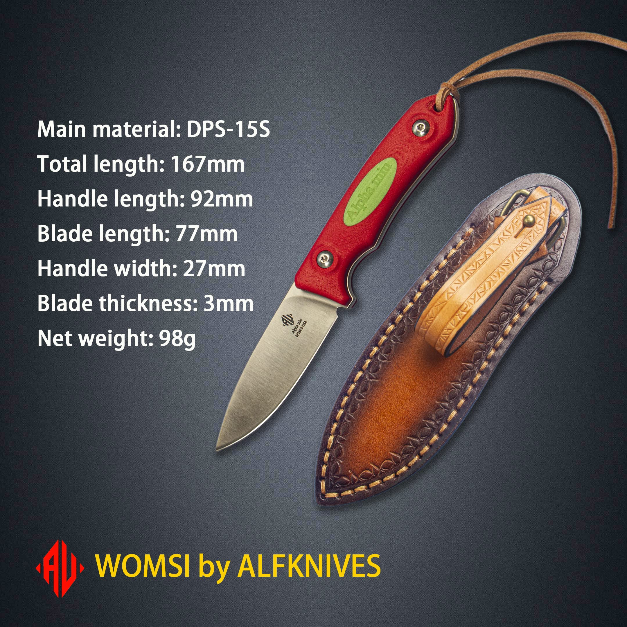 WOMSI Hunting Knife,Full Tang 6.57",DPS15-S Power Steel Blade,Sonorous&durable G10 Handle with Leather Sheath(Red)