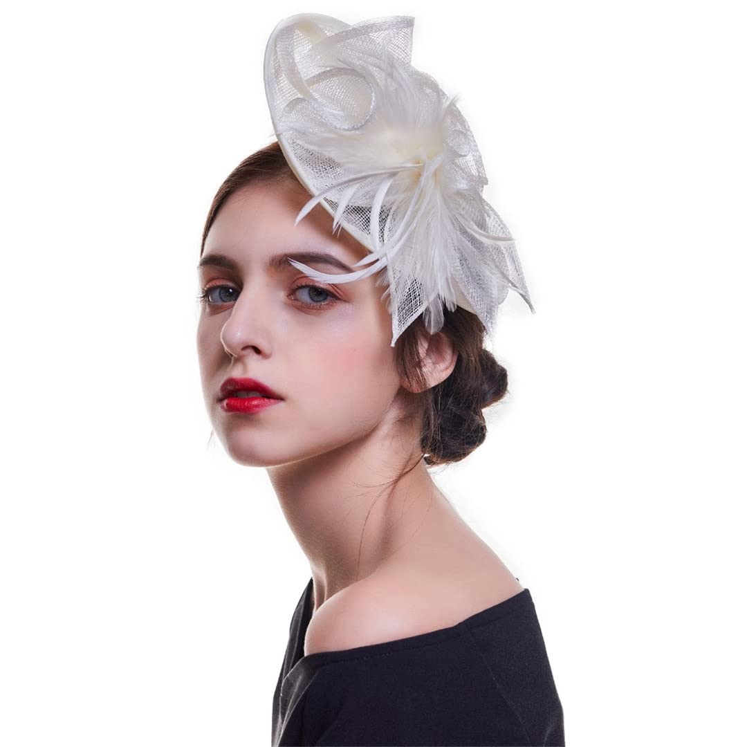 Wedding Cocktail Hat Formal Net Yarn Feather Hat Ladies Party Church Hat Girl Accessories White