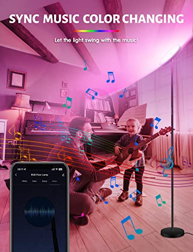 Smart RGB Floor Lamp Works with Alexa Google Home, App Remote & Touch Control, Million Colors Changing & Dimmable, Music Sync Timmer Angle Adjustable Modern Tall Standing Lamp for living room, bedroom