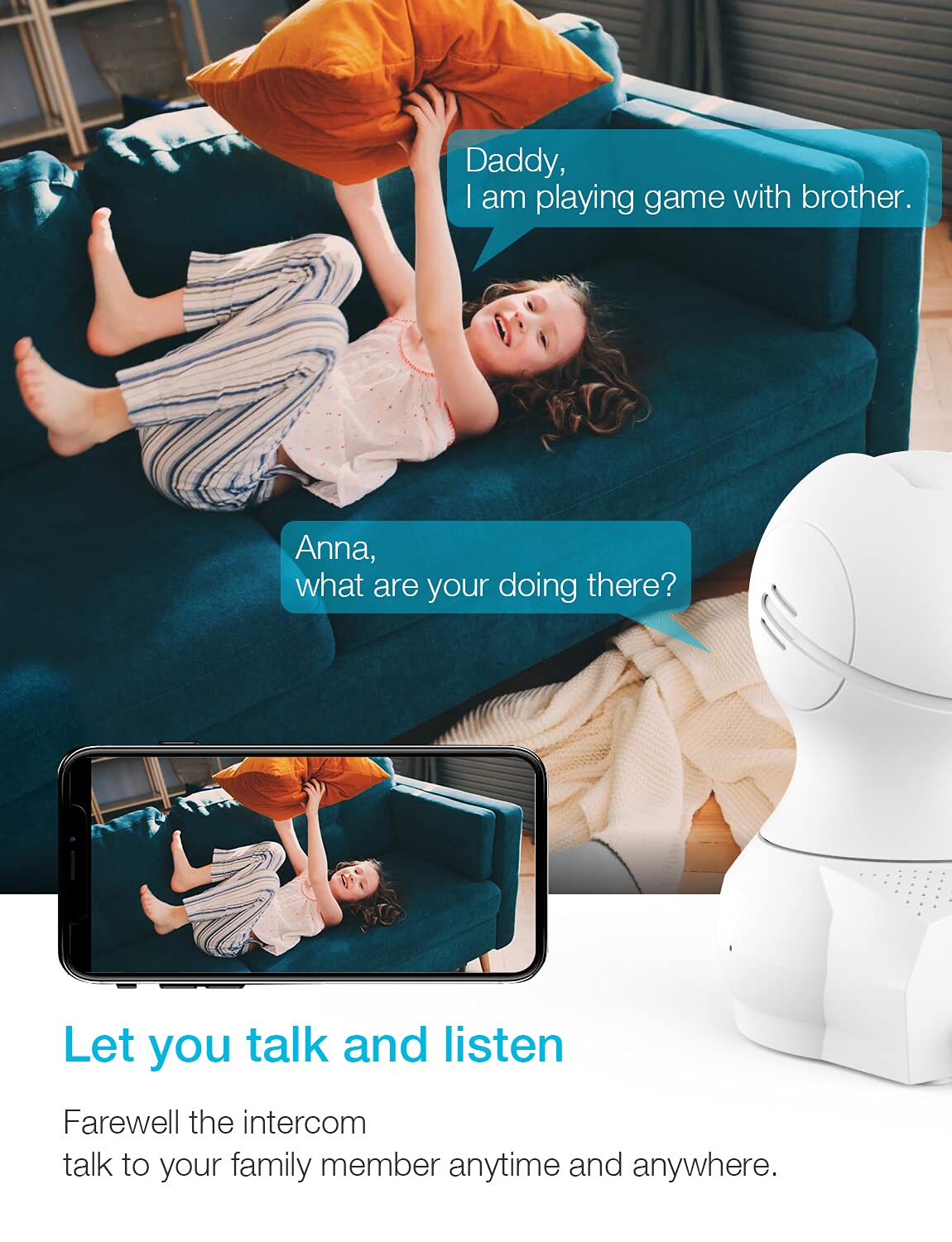 Pet Camera, Indoor Camera with Pan Tilt Zoom, WiFi Camera Indoor with Remote Viewing, Baby Monitor with Camera and Audio, Night Vision, Motion Detection, 2-Way Audio, SD Card/Cloud Storage