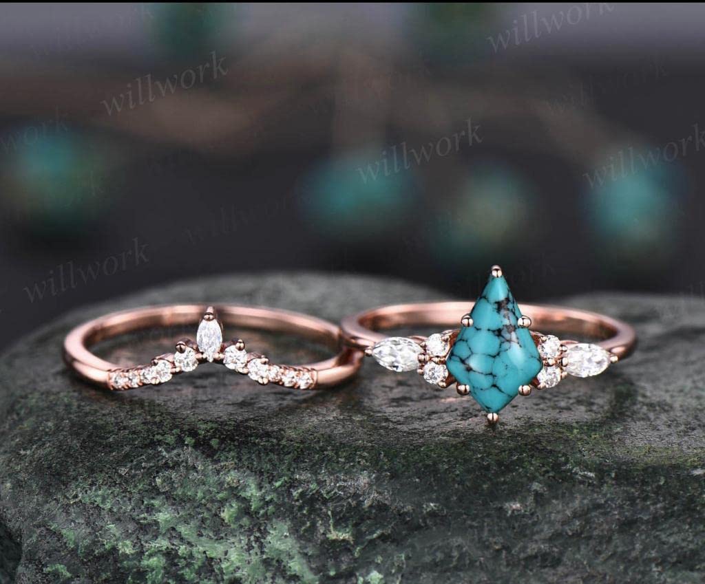 Vintage kite cut natural Turquoise engagement ring set 14k rose gold marquise cut diamond ring for women unique bridal wedding ring set gift