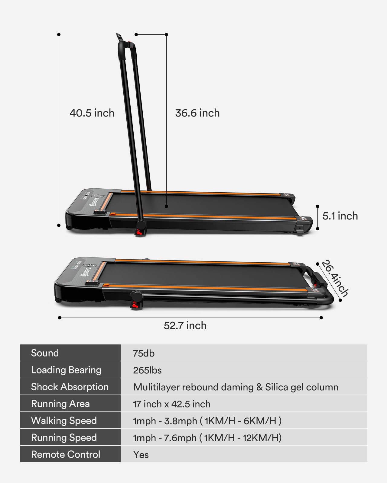 UREVO Under Desk Treadmills, 2.5HP Folding Treadmill with Dual LED Display & Remote, 2 in 1 Treadmills for Home Office, Walking Pad Treadmill 265 lbs Weight Capacity