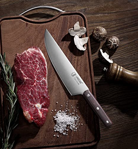 UMOGI Premium 8 Inch Chef’s Knife with sheath - German High Carbon Stainless Steel - Full Tang Natural Wooden Handle Ergonomic Grip,Ultra Sharp - Best for Slicing Meats Roasts Vegetable & Fruits