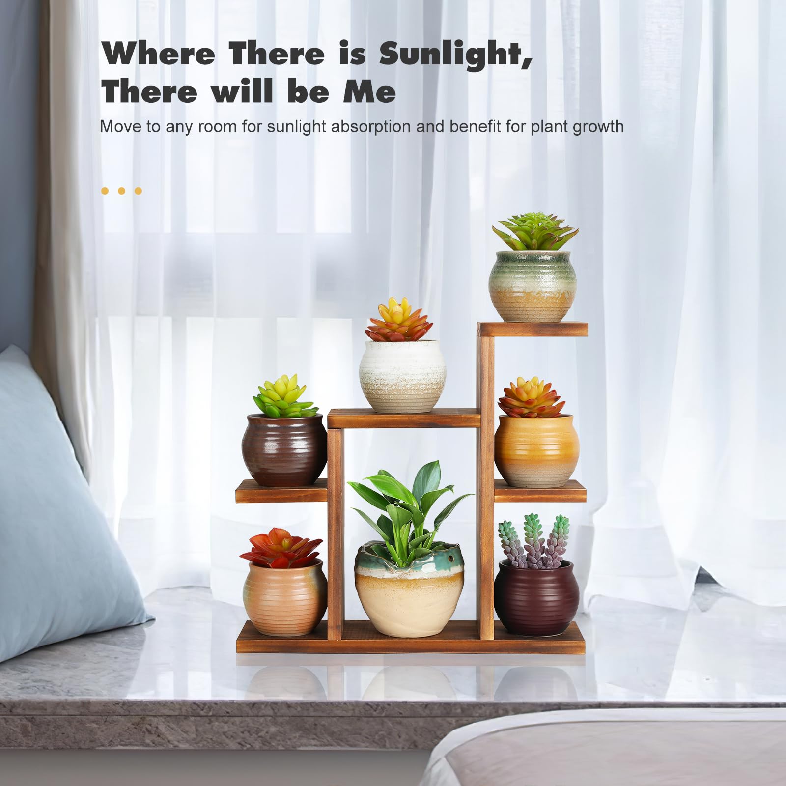 OcBuct Small Desk Plant Stand 7 Tiers Window Sill Plant Shelf Tabletop Succulent Stand Wood Desktop Flower Pot Stand Holder Plant Rack for Windowsill Desktop Window Ledge Countertop Narrow Space