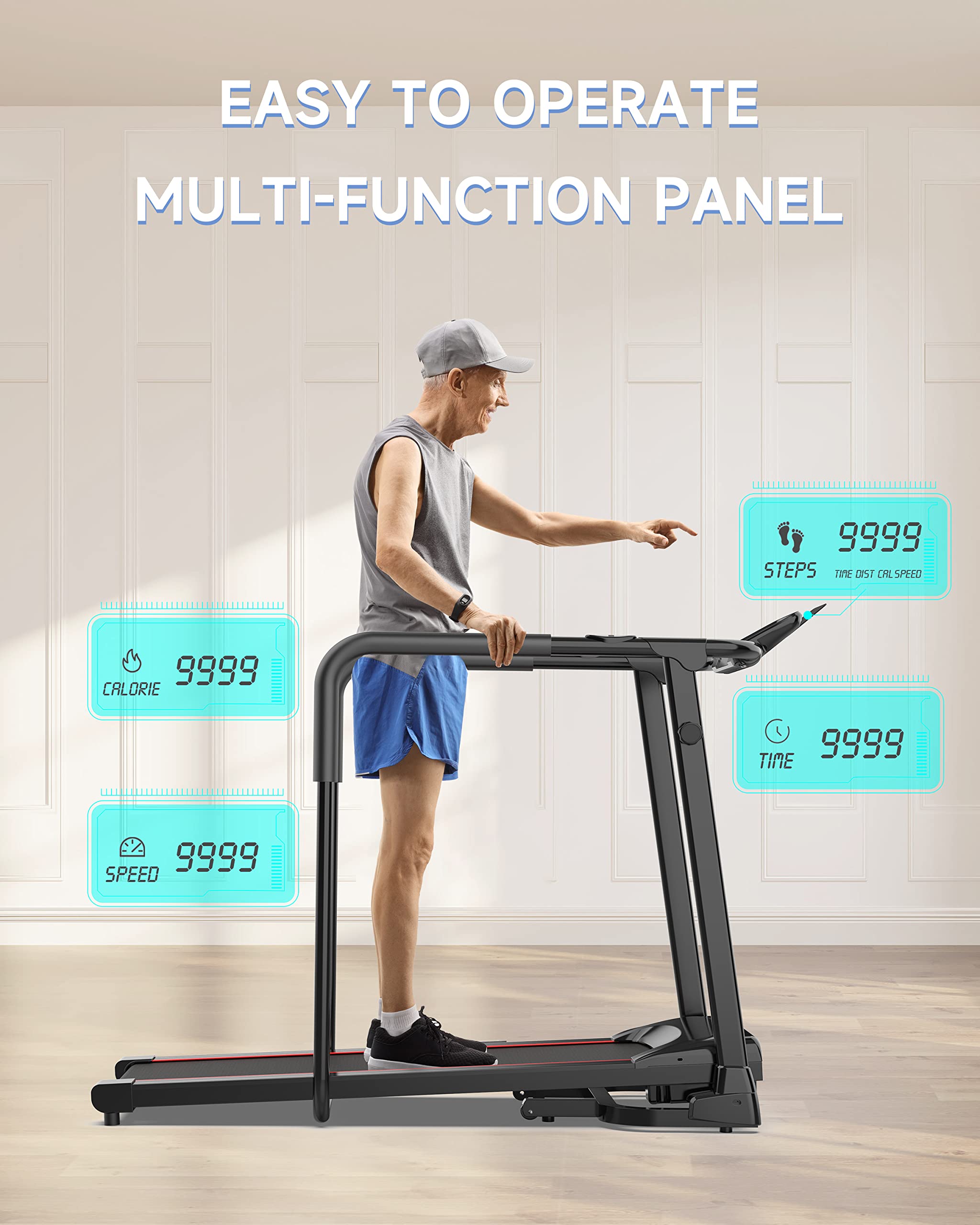 Walking Treadmill Long Handraill Recovery Fitness Foldable Machine with Low Wide Belt for Seniors Balance 265 lbs Capacity