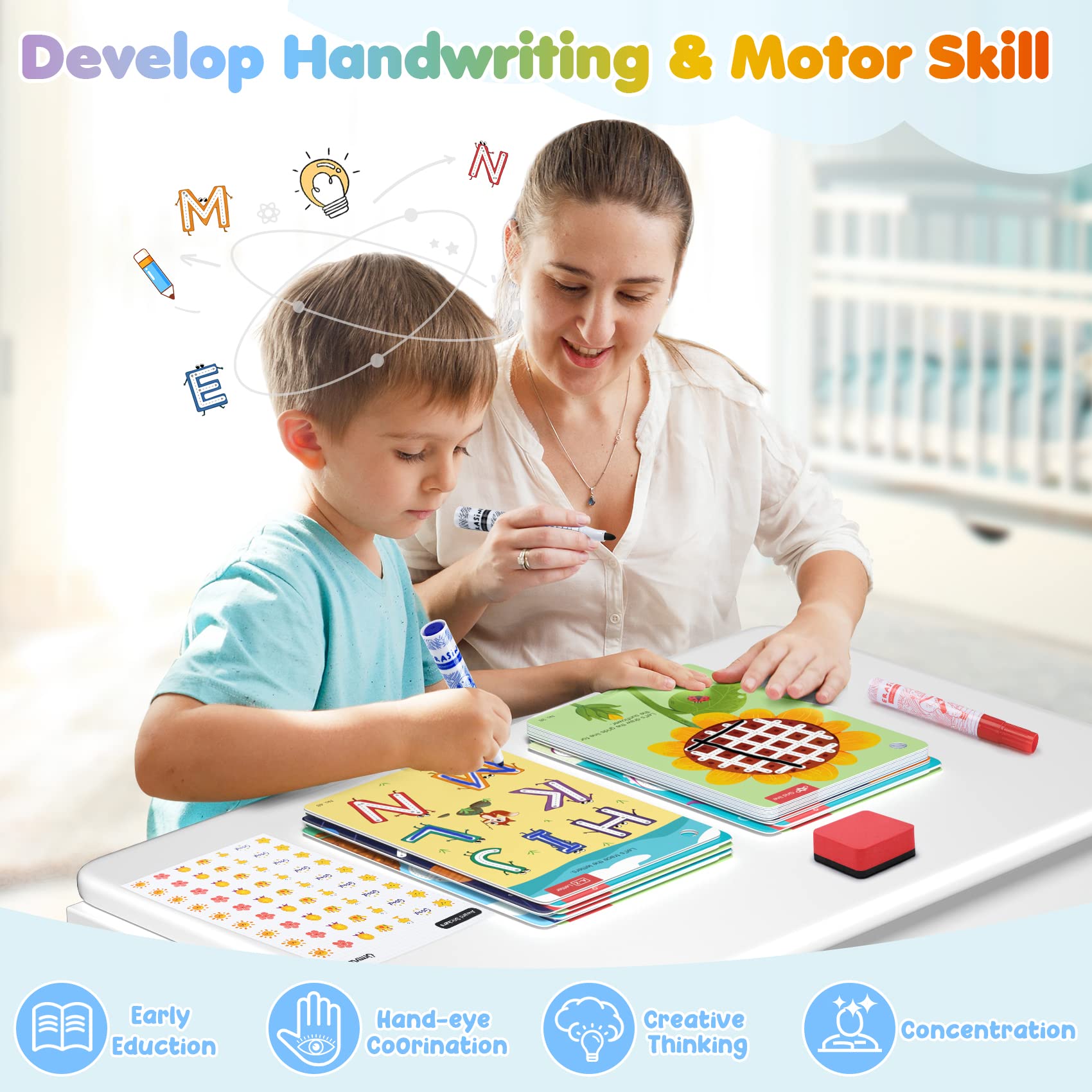 URMYWO Preschool Learning Activity Book Handwriting Educational Workbook, 60 Pages Reusable Learn to Write Practice Activity Tracing Letters Busy Book Gift Toys for 1 2 3 4 Year Old Boy Girl