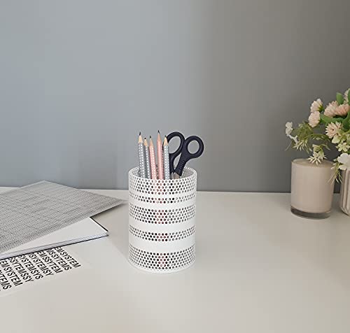 Produco Pen Holder for Desk, Metal Mesh Pencil Holder Cup Organizer Office Stationery Caddy Stand Makeup Brush Holder, White (Mid)