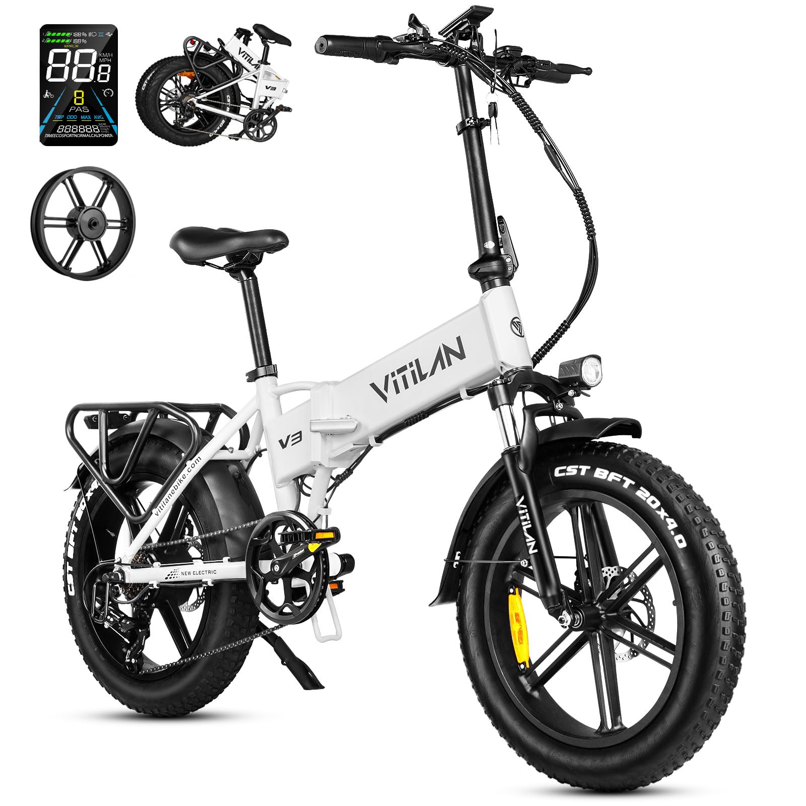 VITILAN V3 Foldable Electric Bike 20 Inch Fat Tire E Bike for Adults, 750W Eletric Bike 28 Mph, Folding Ebike 13AH 624Wh Electric Bicycle, White