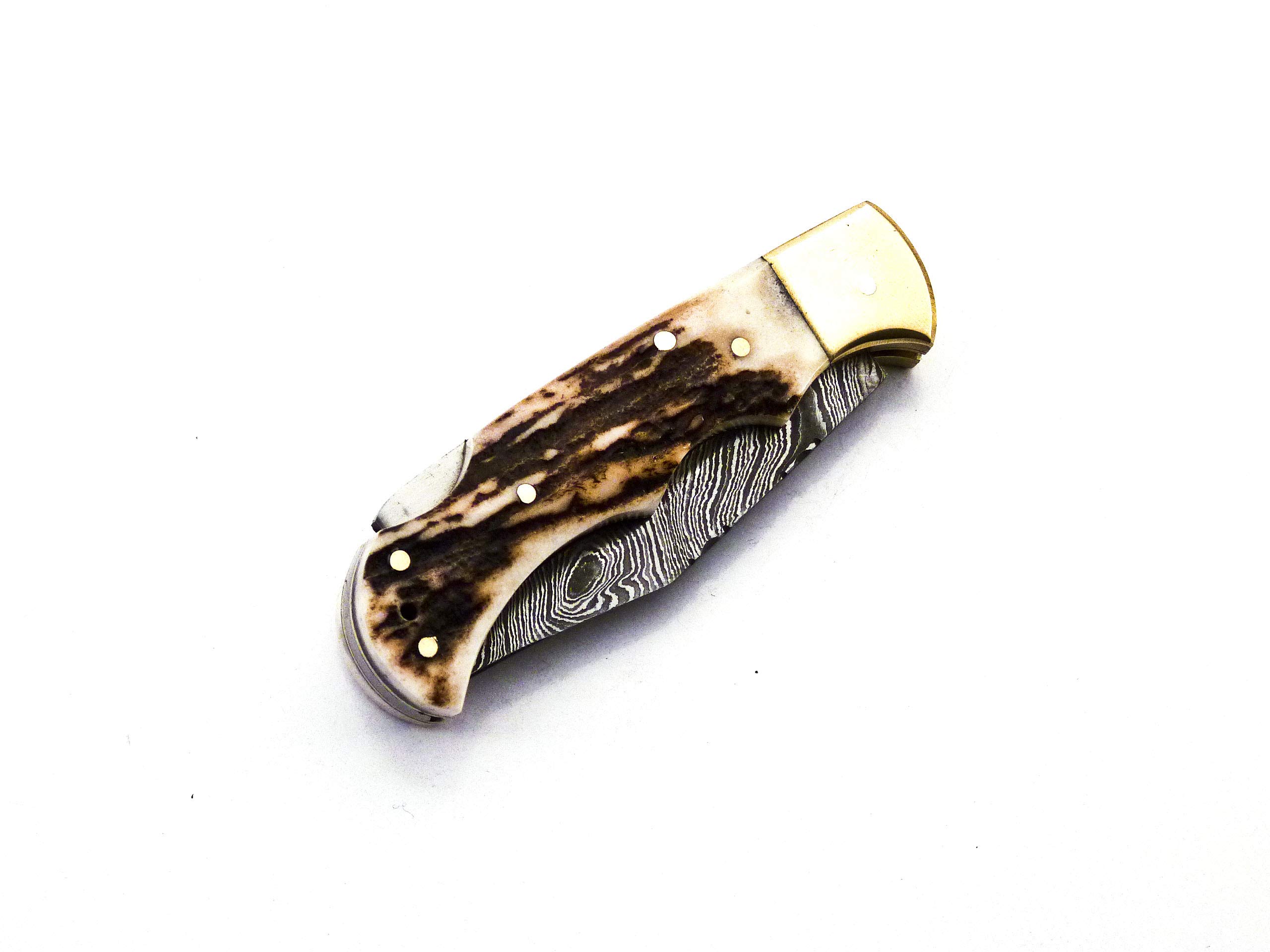 Skokie Knives Custom Hand Made Damascus Steel Hunting Pocket Folding Knife With Handle Stag Antler (S.F)